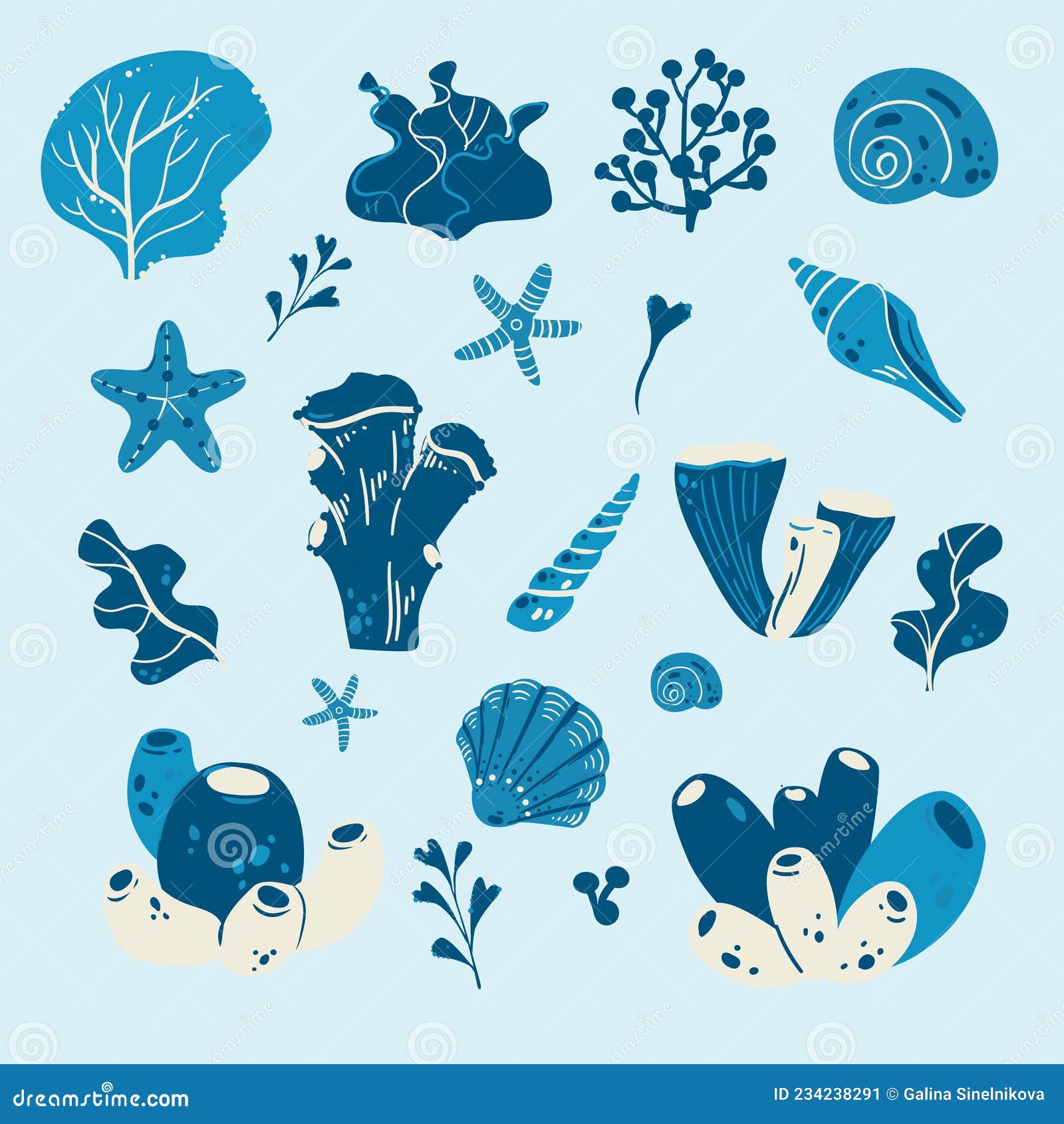 Set of Sea Shells and Starfish on White Background. Flat Vector ...