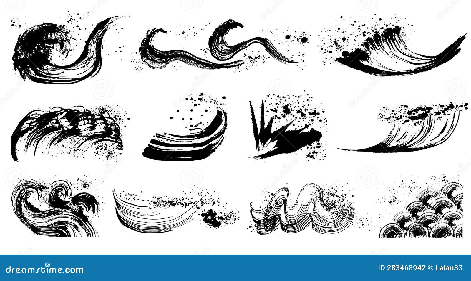 Set of Sea Spray Illustrations. Brush Stroke Wave. Stock Illustration ...