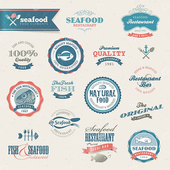 Set of Seafood Labels and Elements Stock Vector - Illustration of food ...