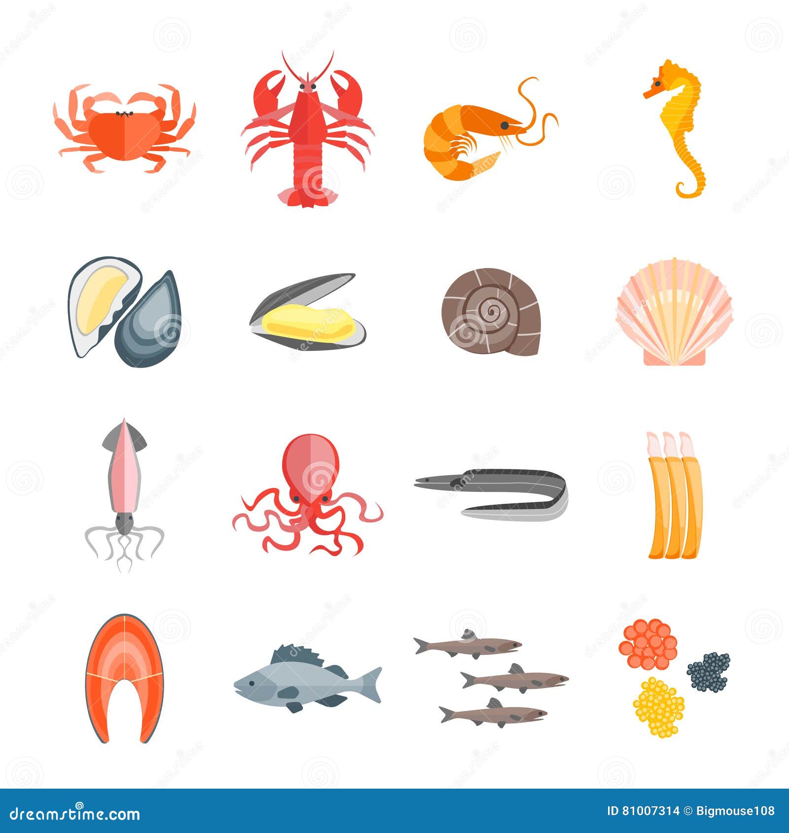 Set of Seafood. Vector stock vector. Illustration of delicious - 81007314