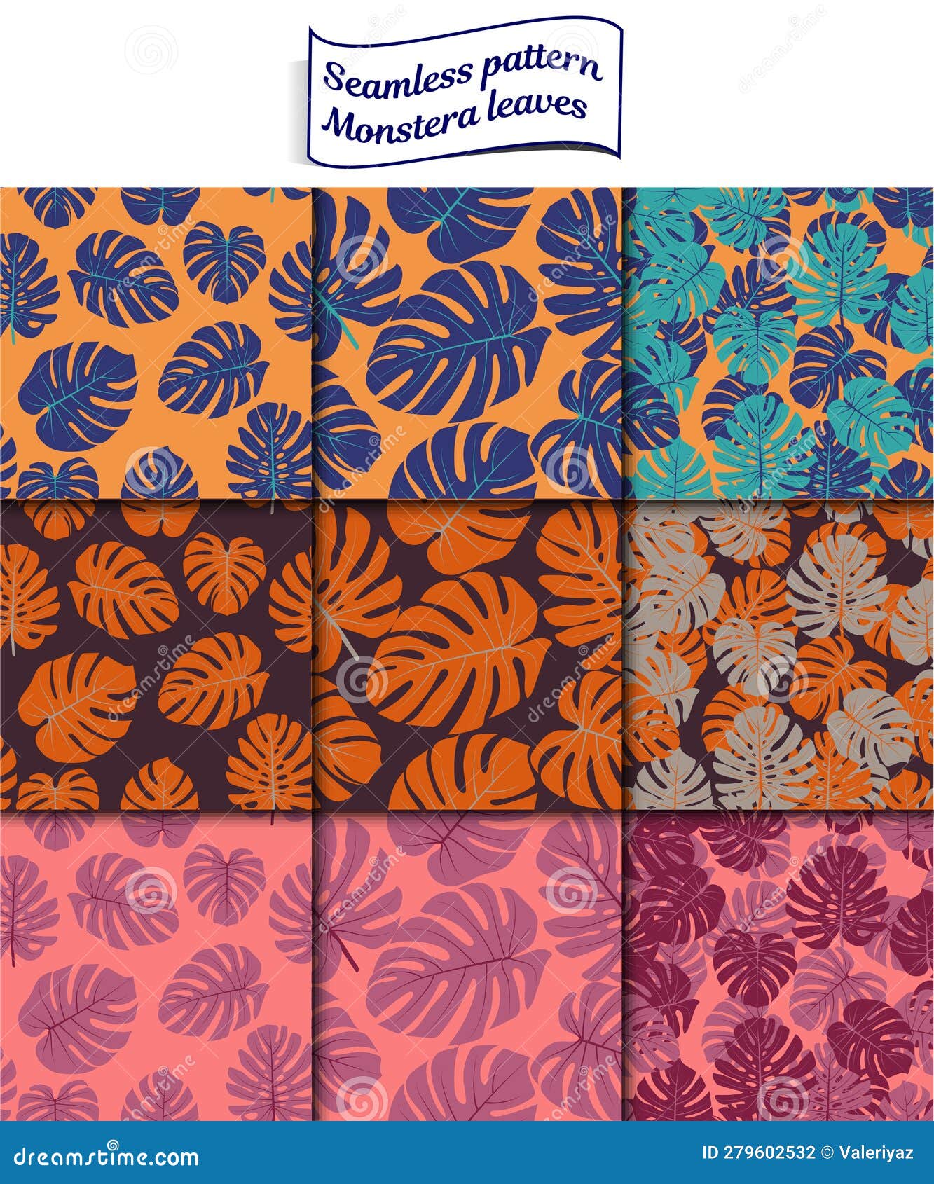 A Set of Seamless Backgrounds with Monstera Leaves, Vector Graphic ...