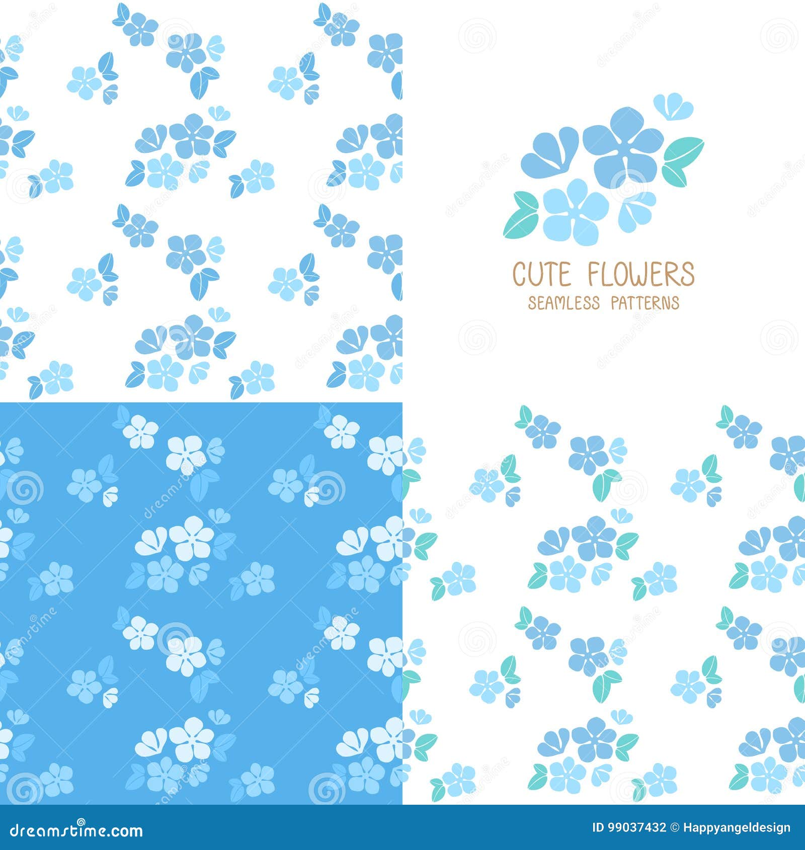 Set of Seamless Blue Flowers Patterns. Stock Vector - Illustration of ...