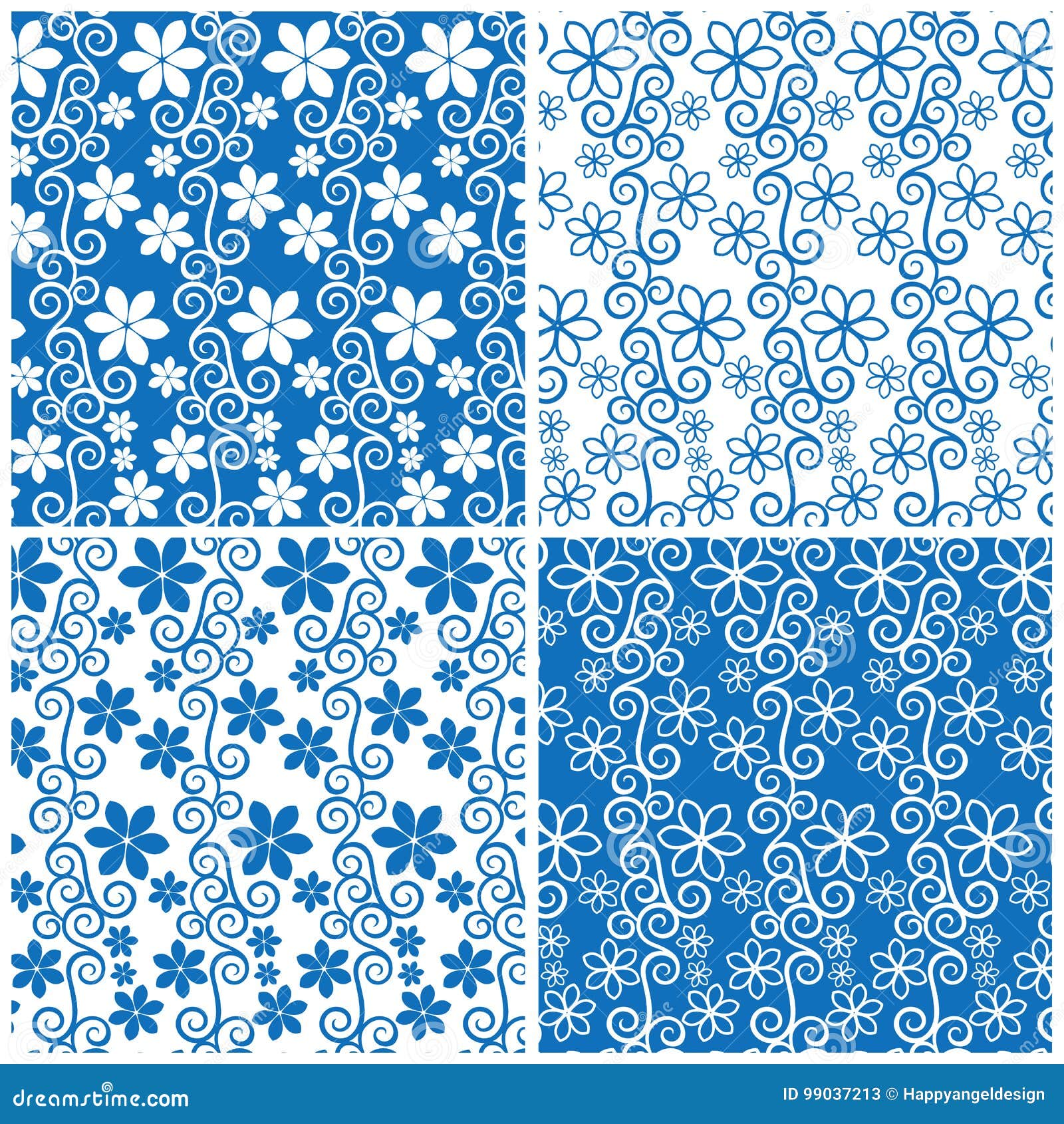 Set of Seamless Blue Flowers Patterns. Stock Vector - Illustration of ...
