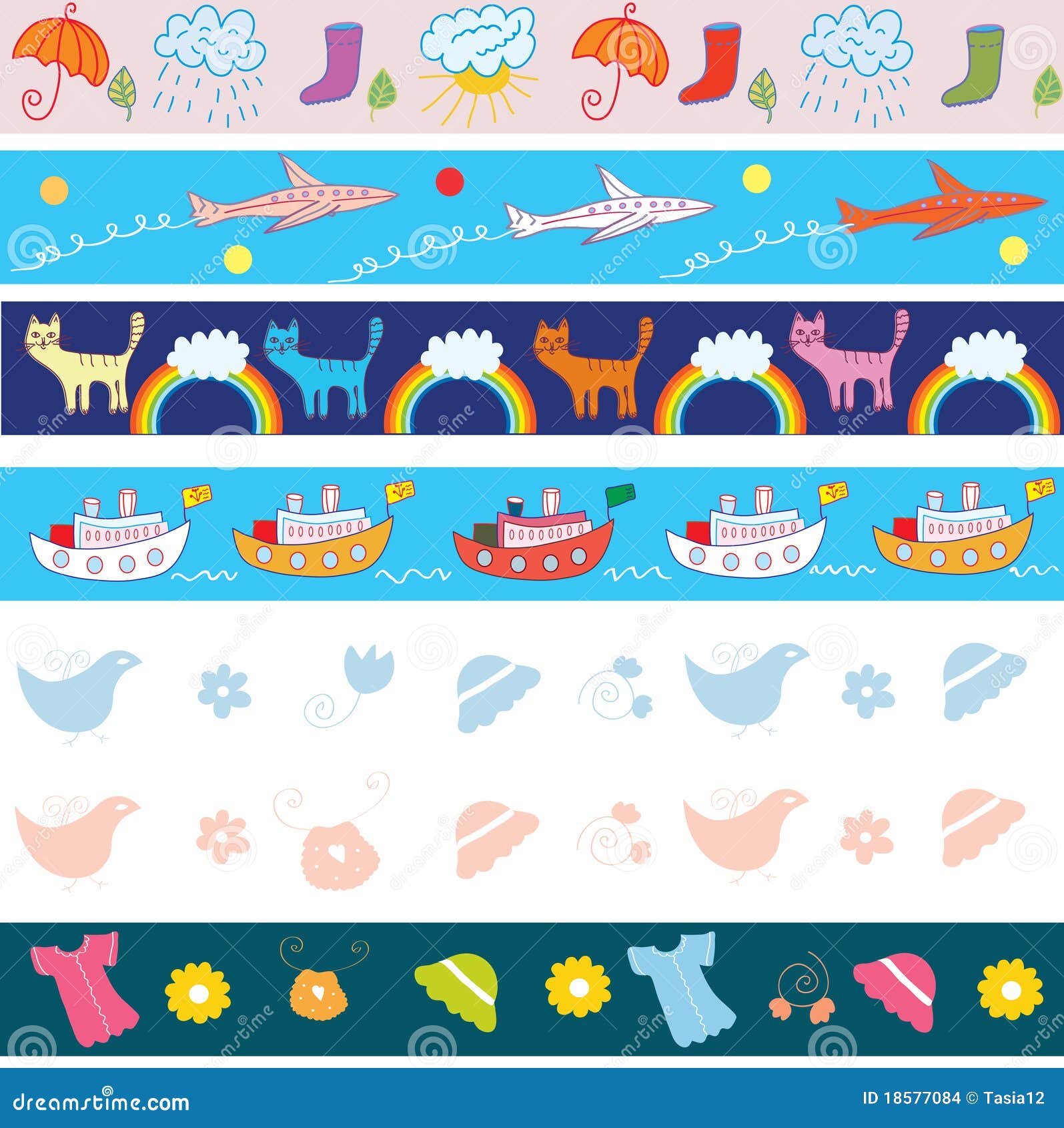 Set of Seamless Border with Funny Pictures Stock Vector - Illustration ...