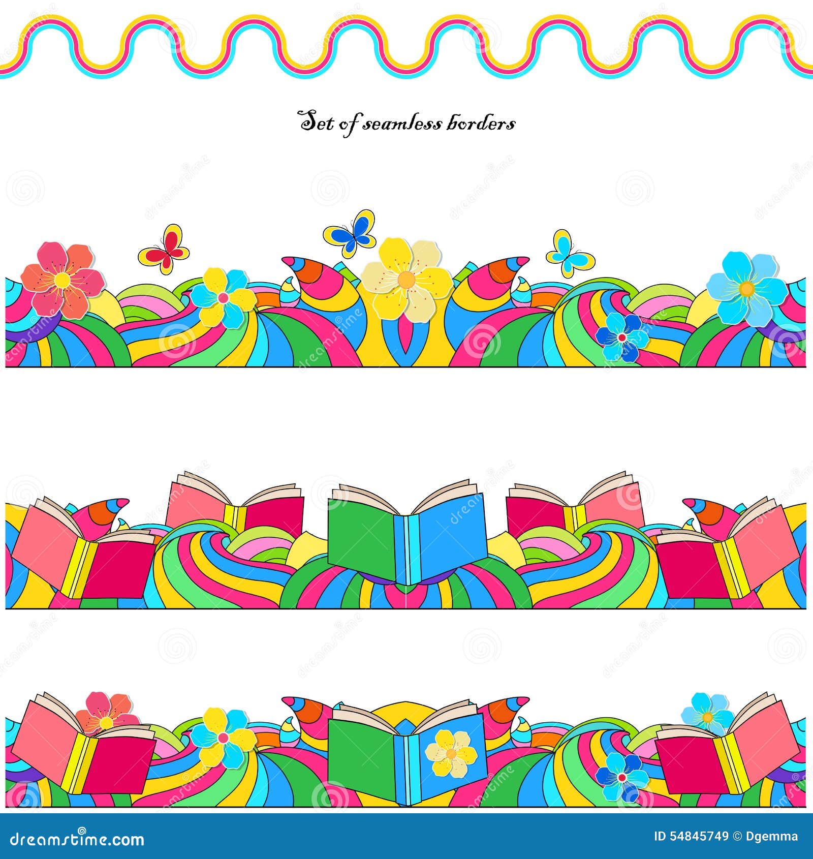 Set of Seamless Borders with Flowers, Books Stock Vector - Illustration ...