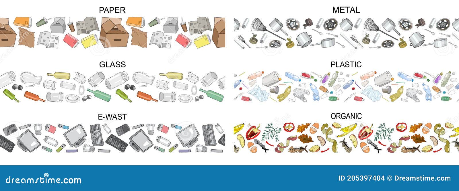 Set of Seamless Borders with Sorted Metal Garbage Isolated on White ...