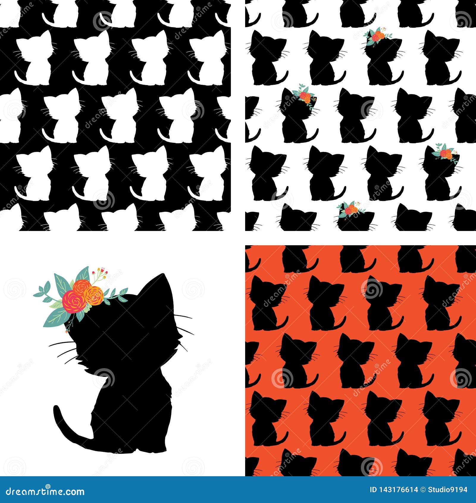 Set of Seamless Cat Pattern and Kitty Silhouette Black White Red ...