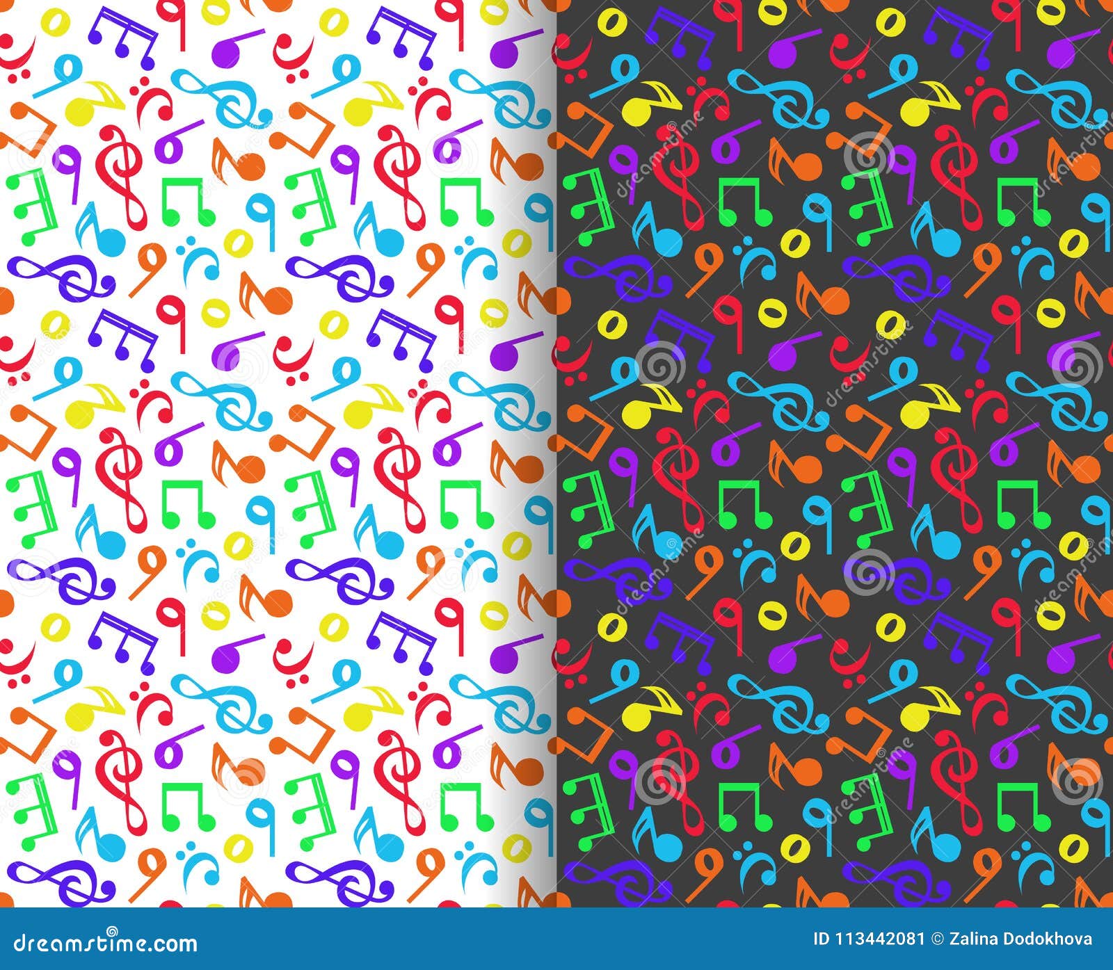 Set of Seamless, Colorful Patterns with Musical Notes and Treble Clefs ...
