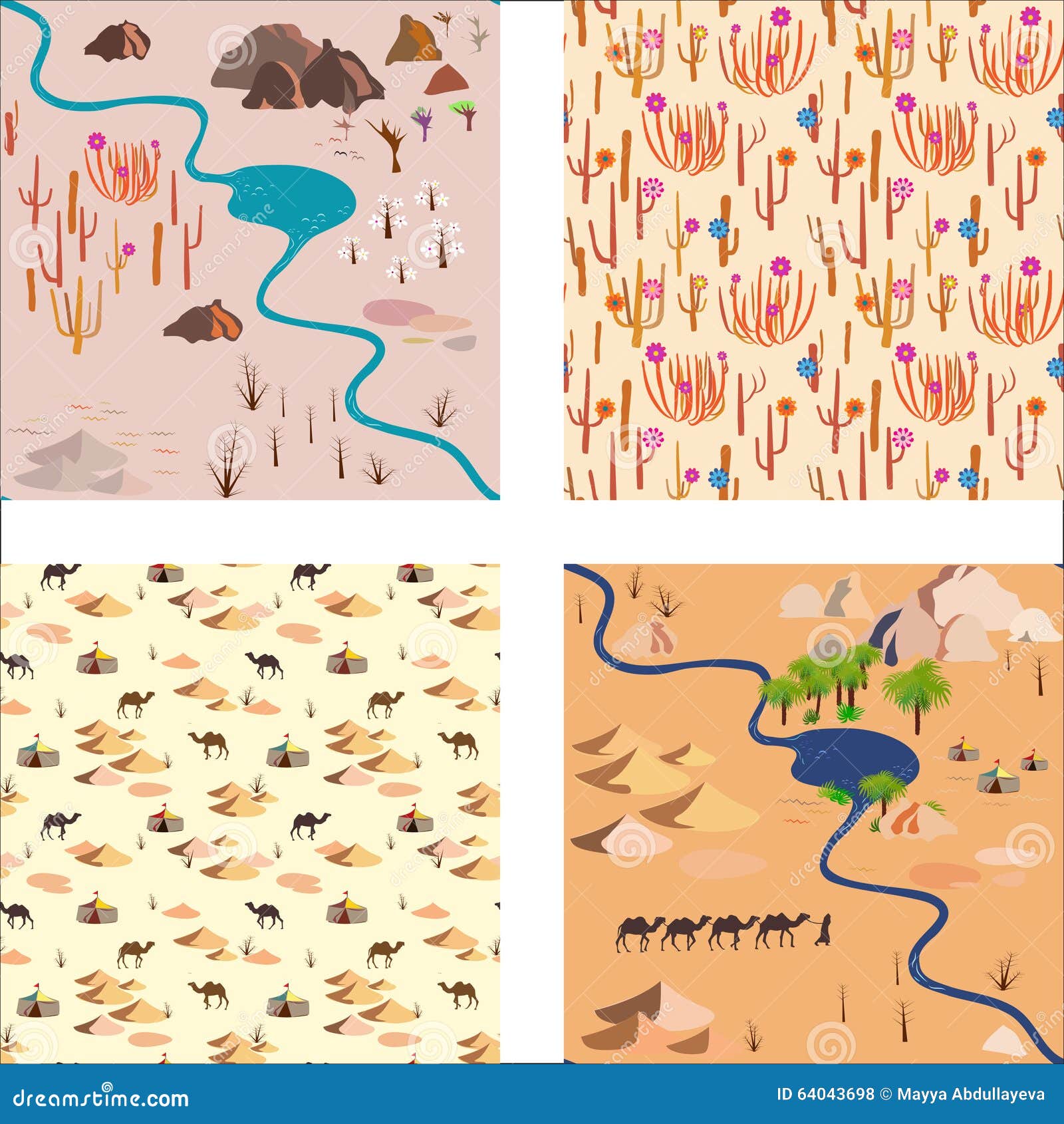 Desert Pattern With Bedouin House In Sand Dunes, Camels, Bird, Dry Tree ...