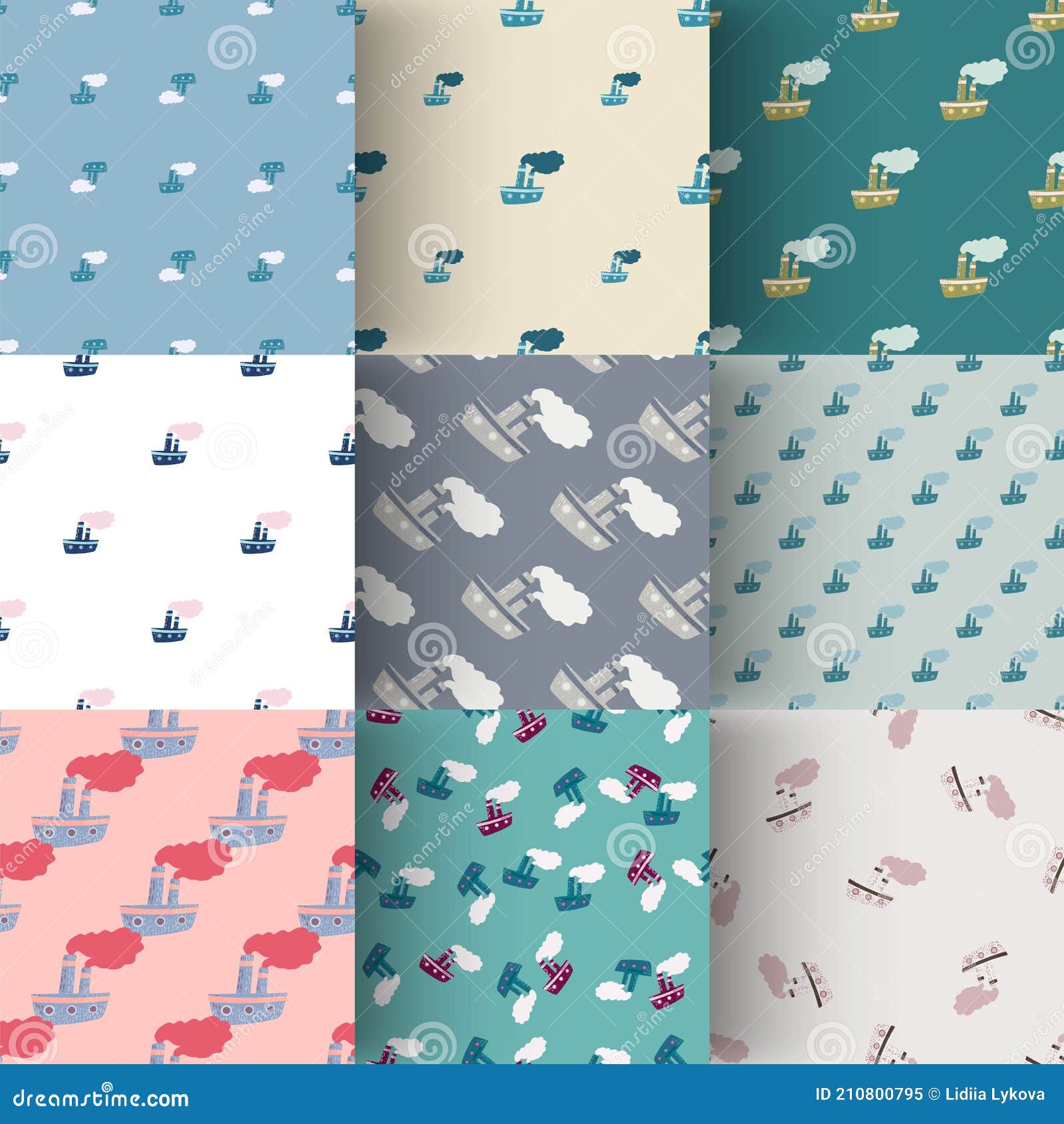 Set of Seamless Doodle Pattern with Steamer Ship. Travel Marine ...