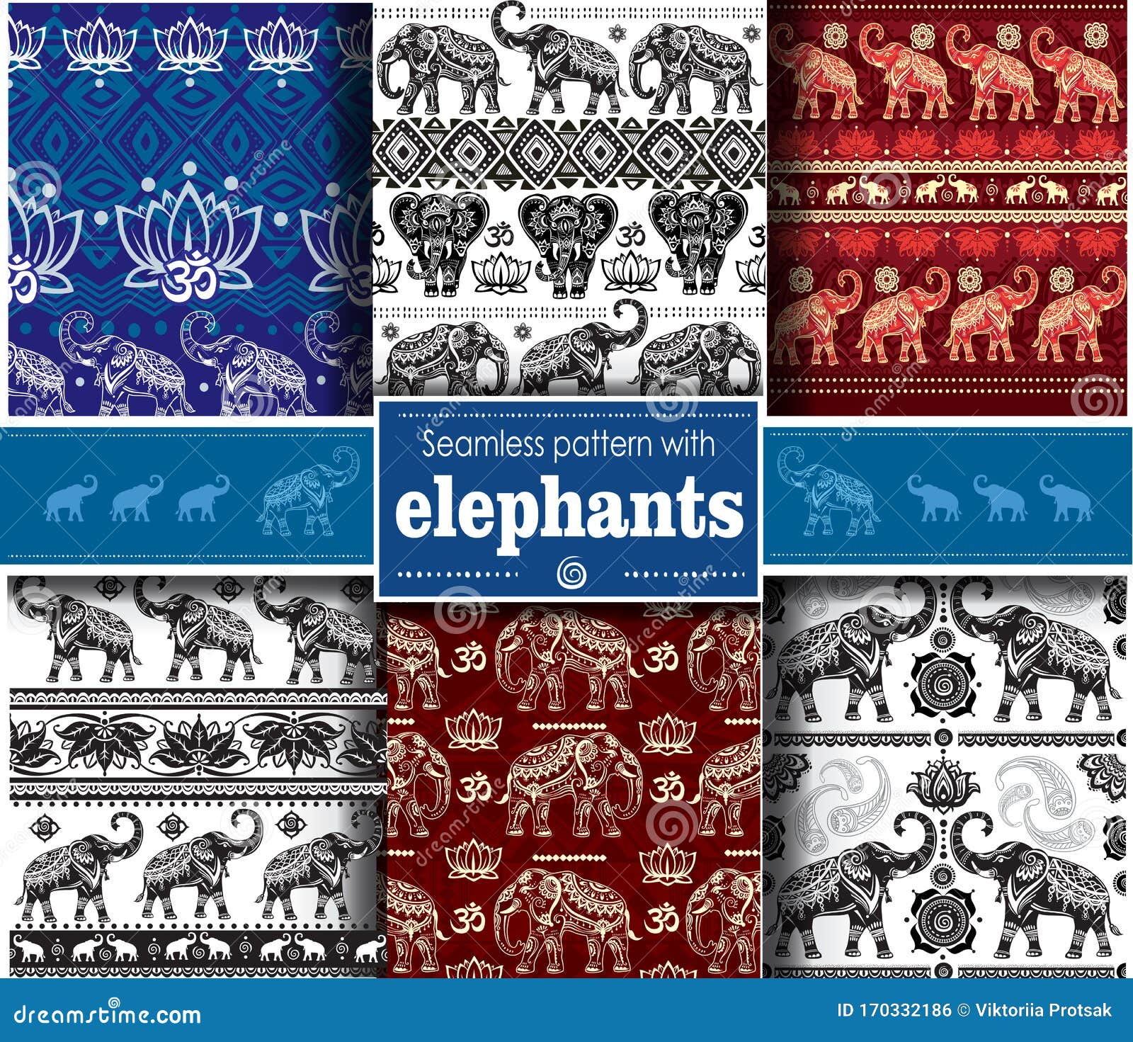 Set of Seamless Ethnic Pattern with Elephants Stock Vector ...