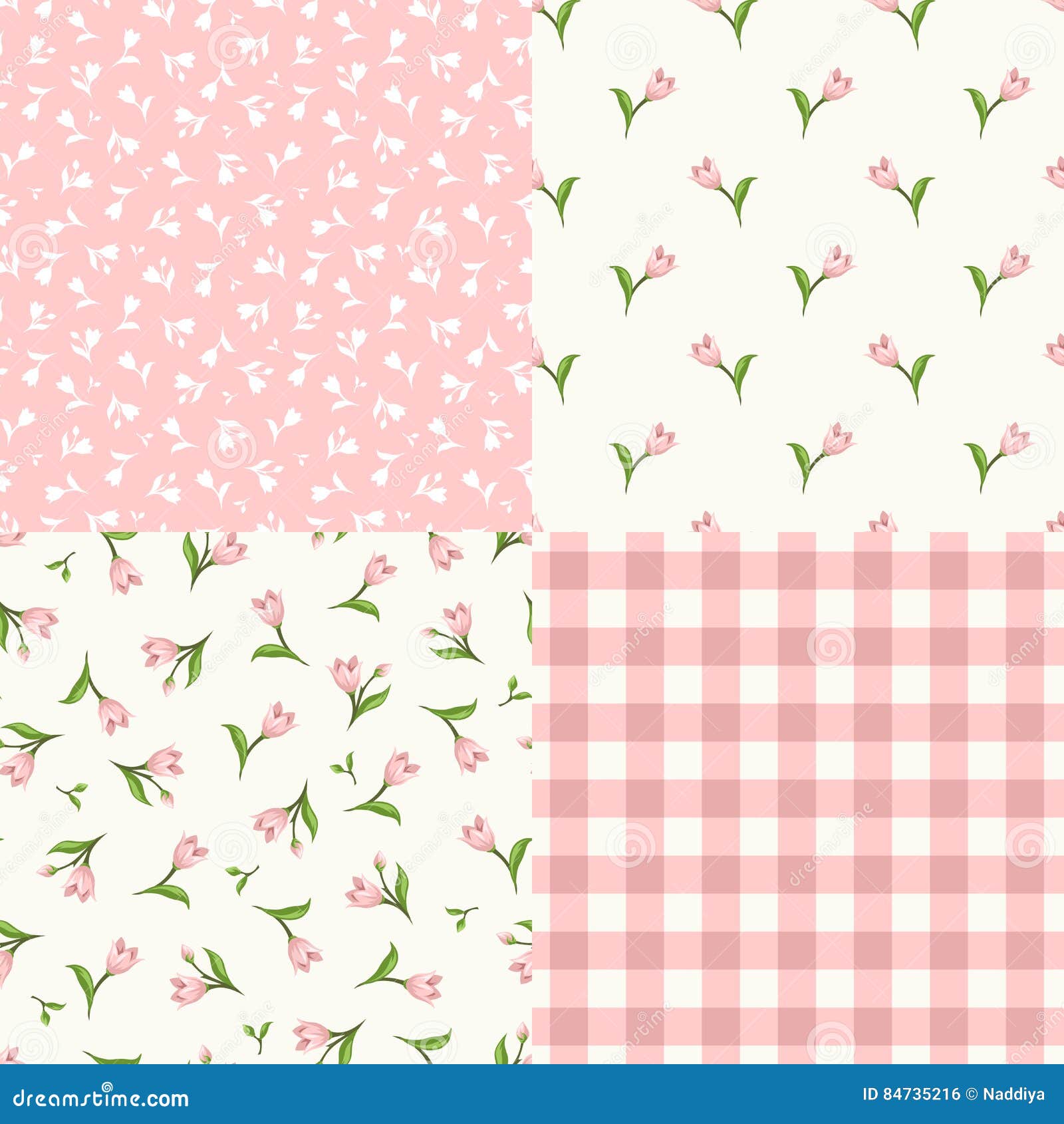 Set of Seamless Floral Pink and White Patterns. Vector Illustration ...