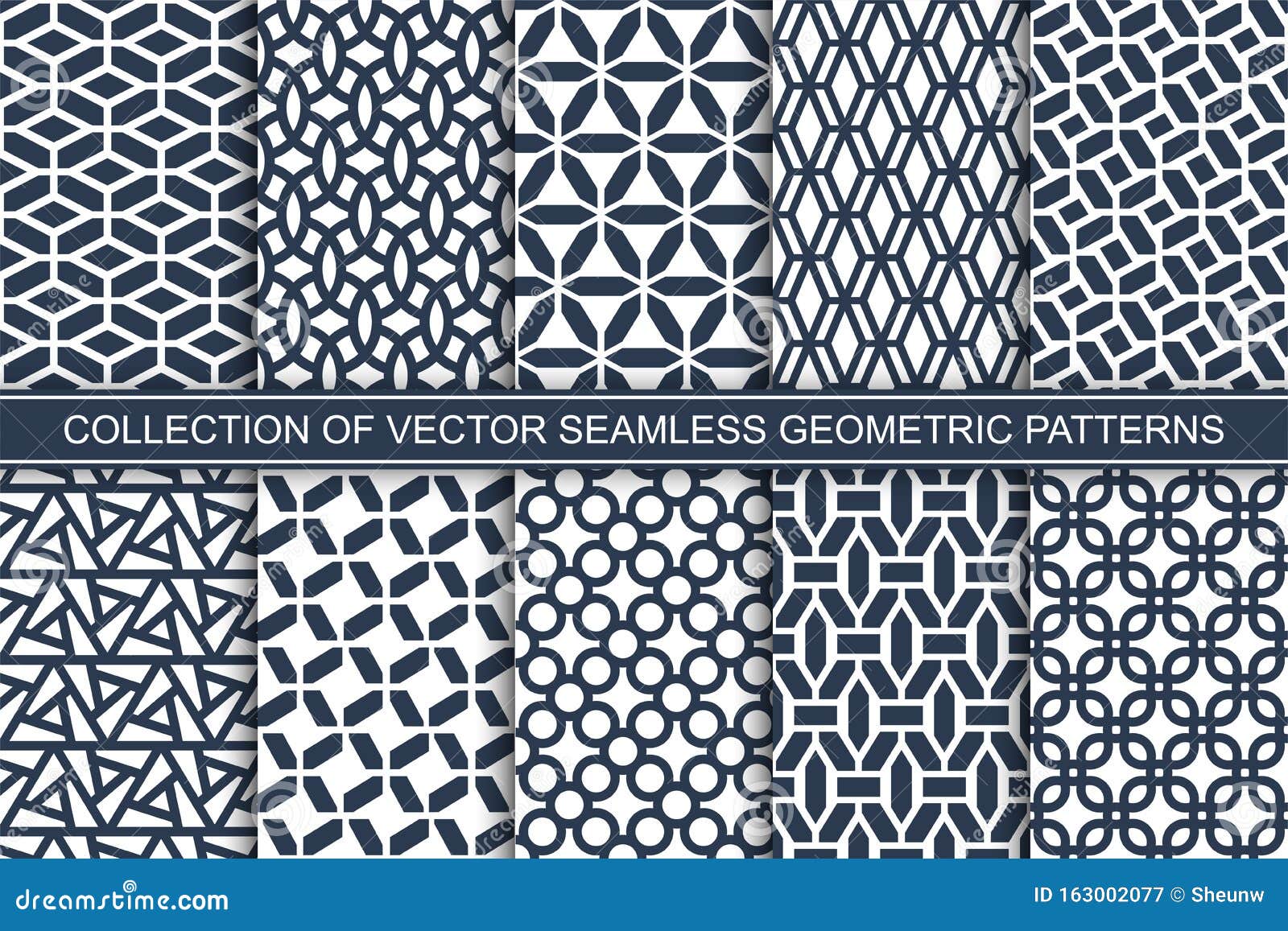 Set of Seamless Geometric Patterns - Blue and White Symmetric Outline ...