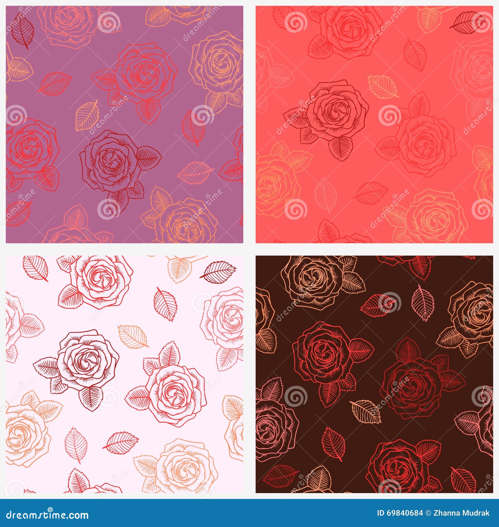 Set of Seamless Graphic Contour Red Roses Pattern Stock Illustration ...