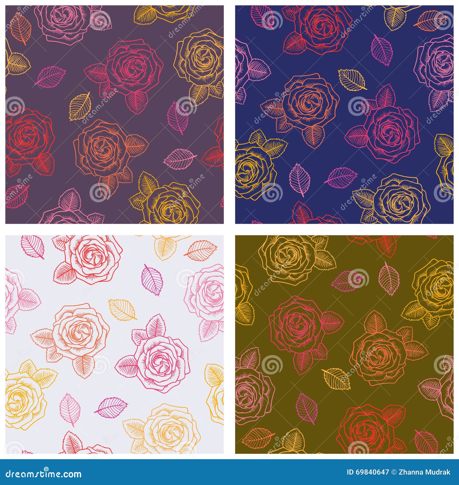 Set of Seamless Graphic Contour Roses Pattern Stock Vector ...