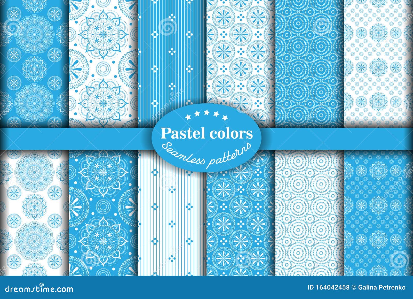 Set of Seamless Light Blue Pastel Color Flower Patterns on White ...