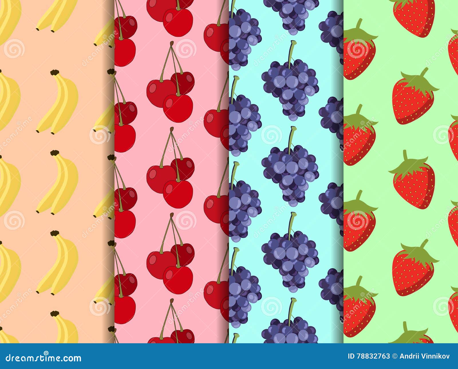Set of Seamless Pattern with Fruit. Pattern of Bananas, Cherries ...