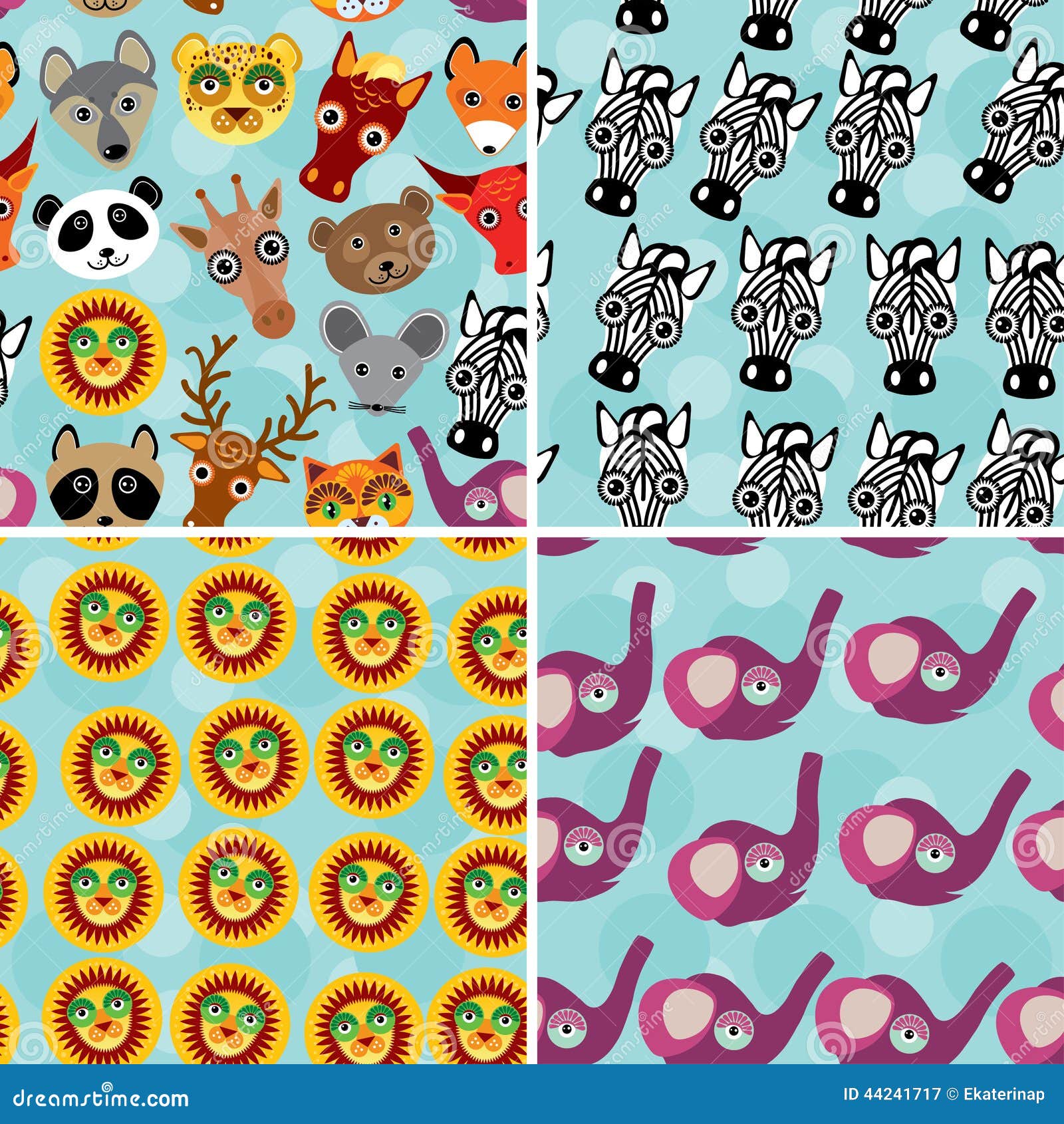 Set 4 Seamless Pattern with Funny Cute Animal Face Stock Vector ...