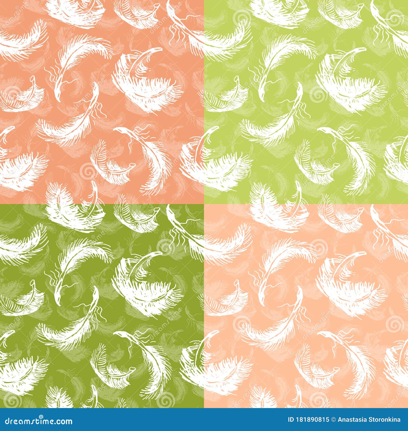 Set Seamless Pattern with Ink Feather Swan. Hand Drawn Stock Vector ...