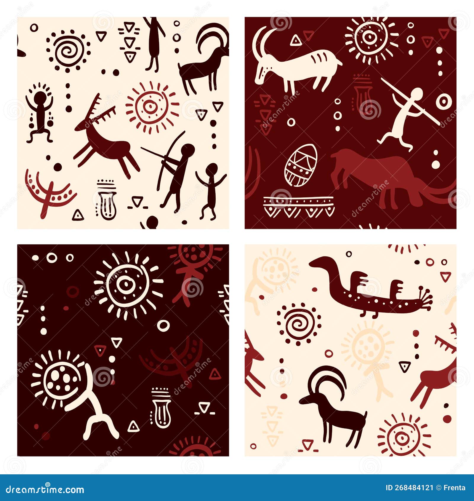 Set of Seamless Pattern with Prehistoric Petroglyphs - Humans and ...