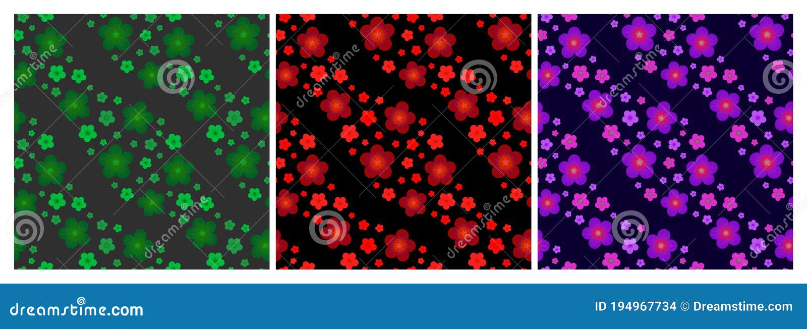 Set of Seamless Patterns with Bright Diagonal Floral Waves on Dark ...