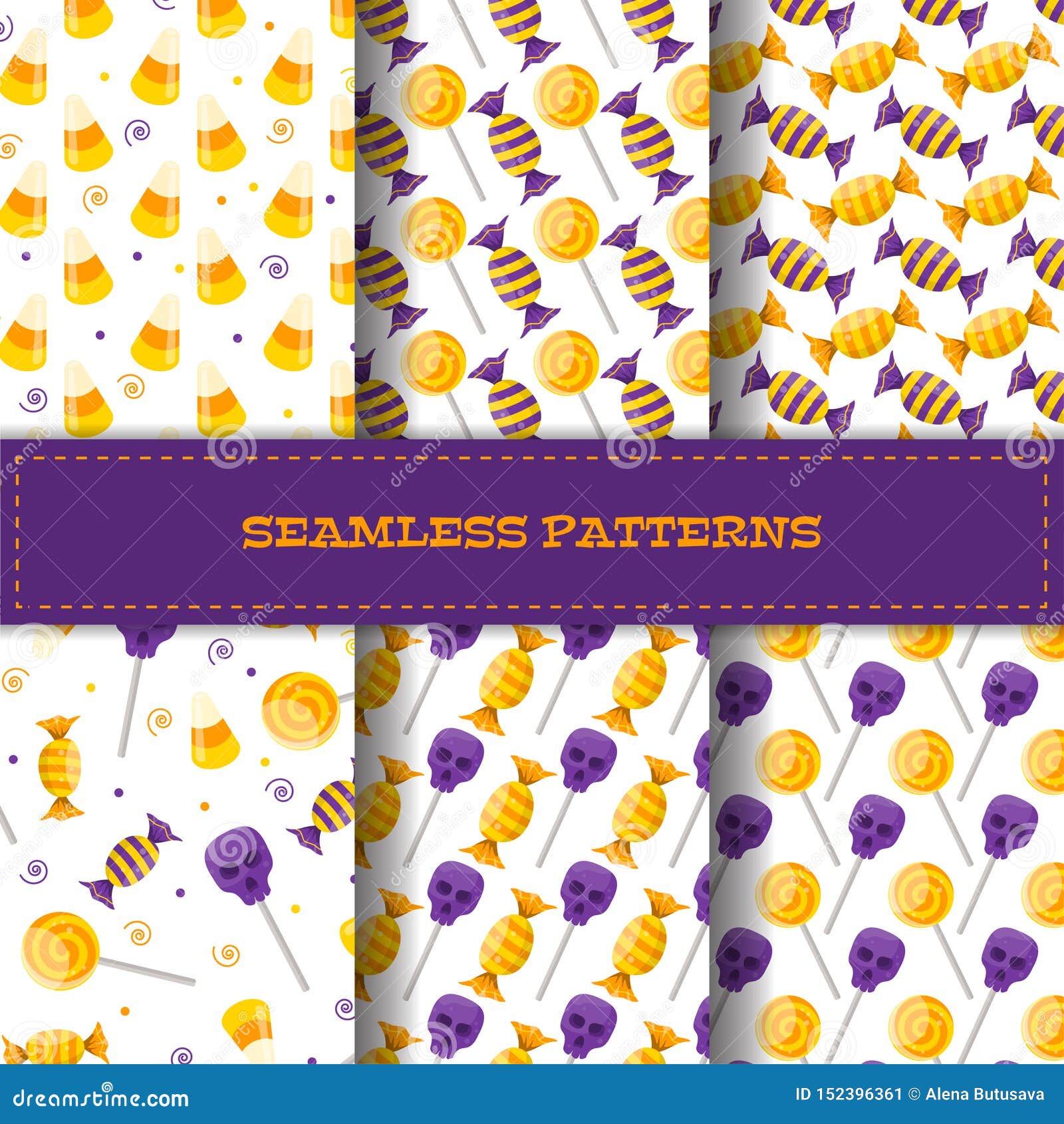 Set of Seamless Patterns with Cartoon Candies. Stock Vector ...