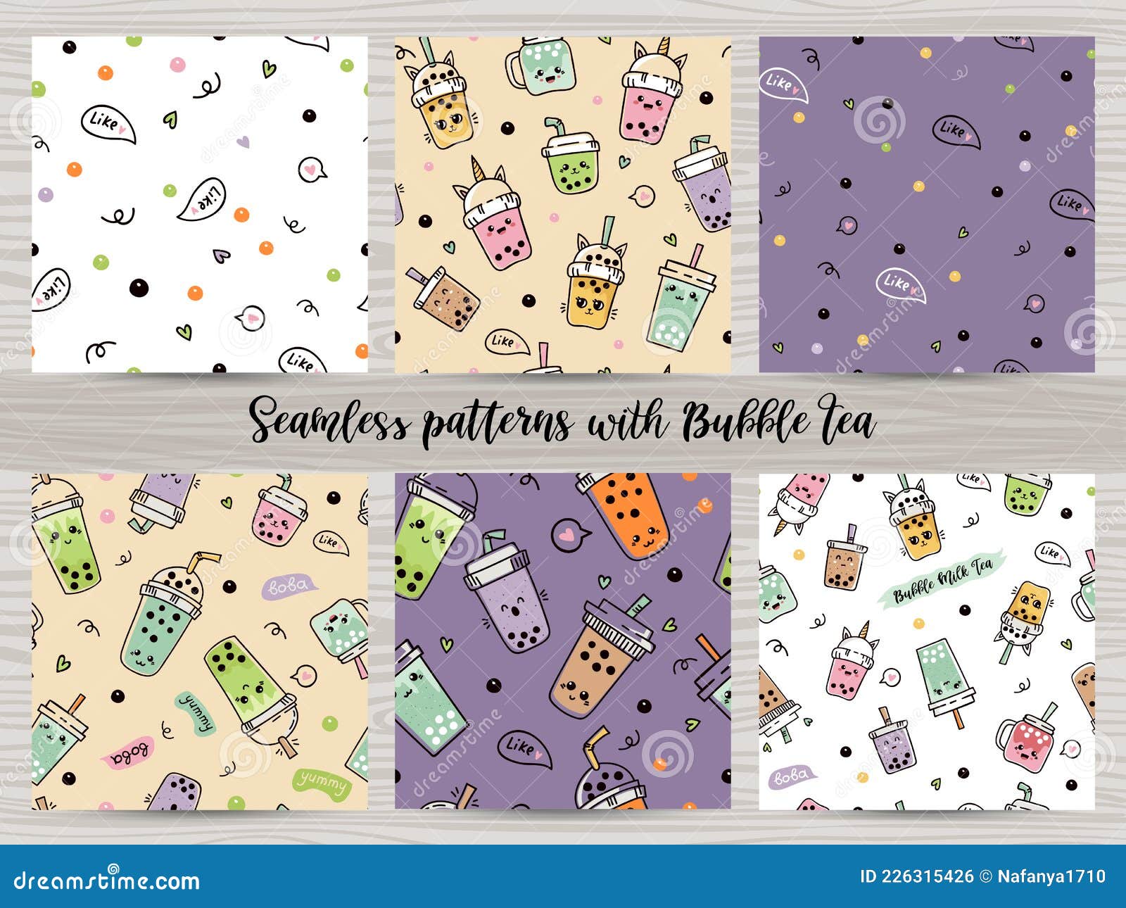 Set of Seamless Patterns with Cute Bubble Tea or Pearl Tea. Stock Photo ...