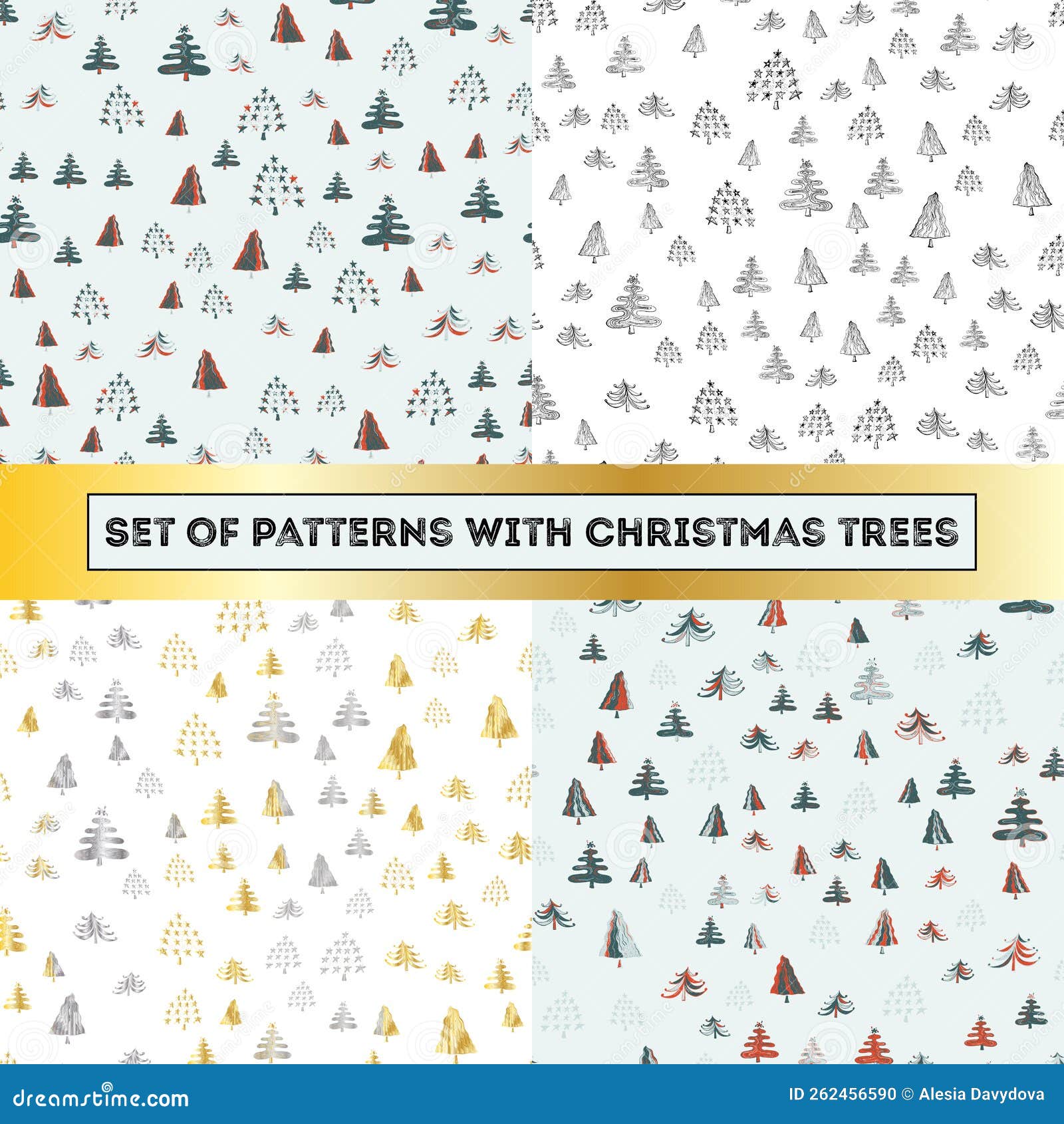 Set of Seamless Patterns with Doodle Christmas Trees. Christmas Texture ...