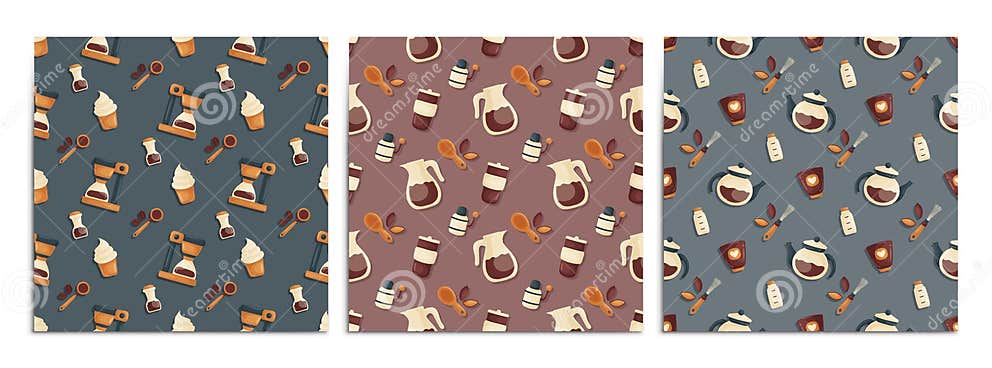 A Set of Seamless Patterns with Elements on the Theme of Brewing Coffee. Teapots, Coffee Makers ...