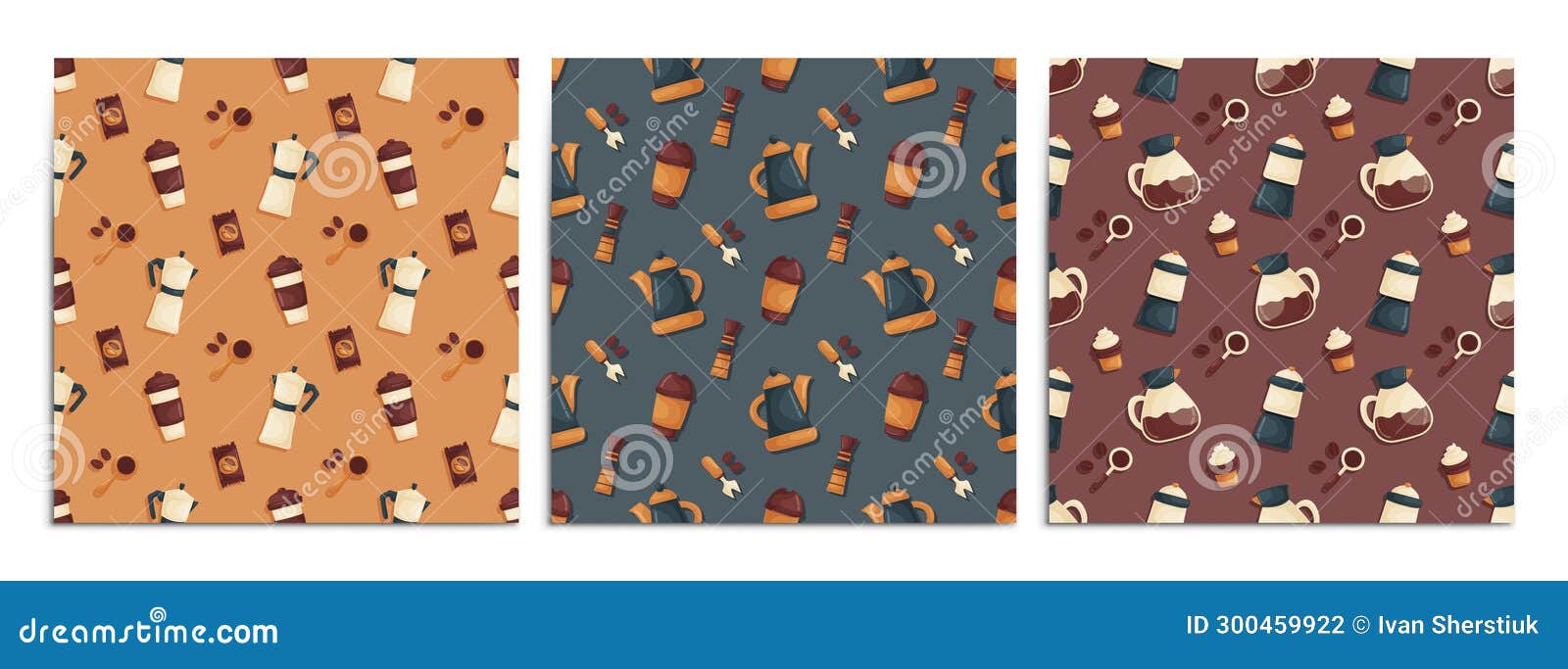 A Set of Seamless Patterns with Elements on the Theme of Brewing Coffee. Teapots, Coffee Makers ...