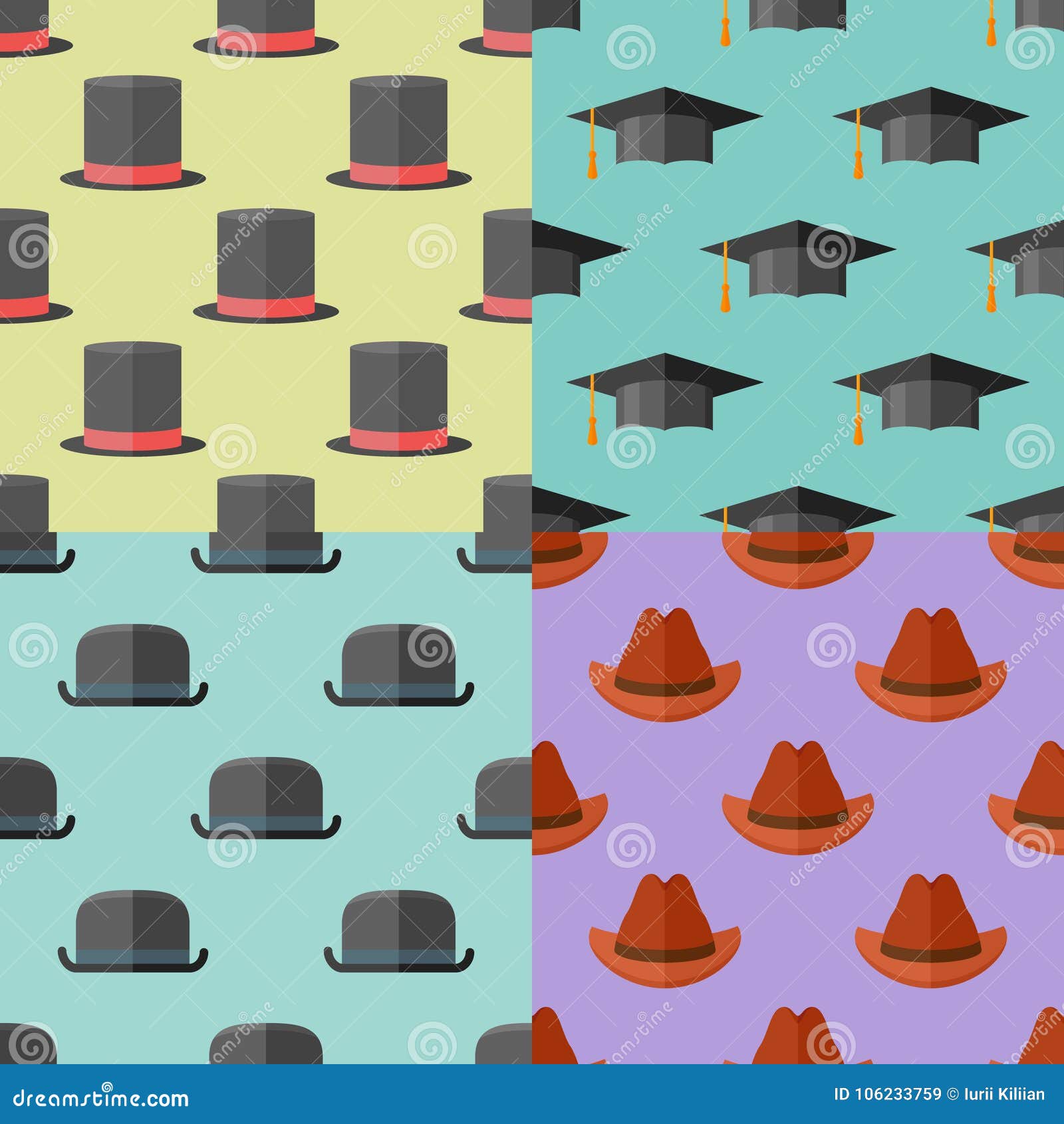 Set of Seamless Patterns with Hats. Vector Textures. Stock Vector ...
