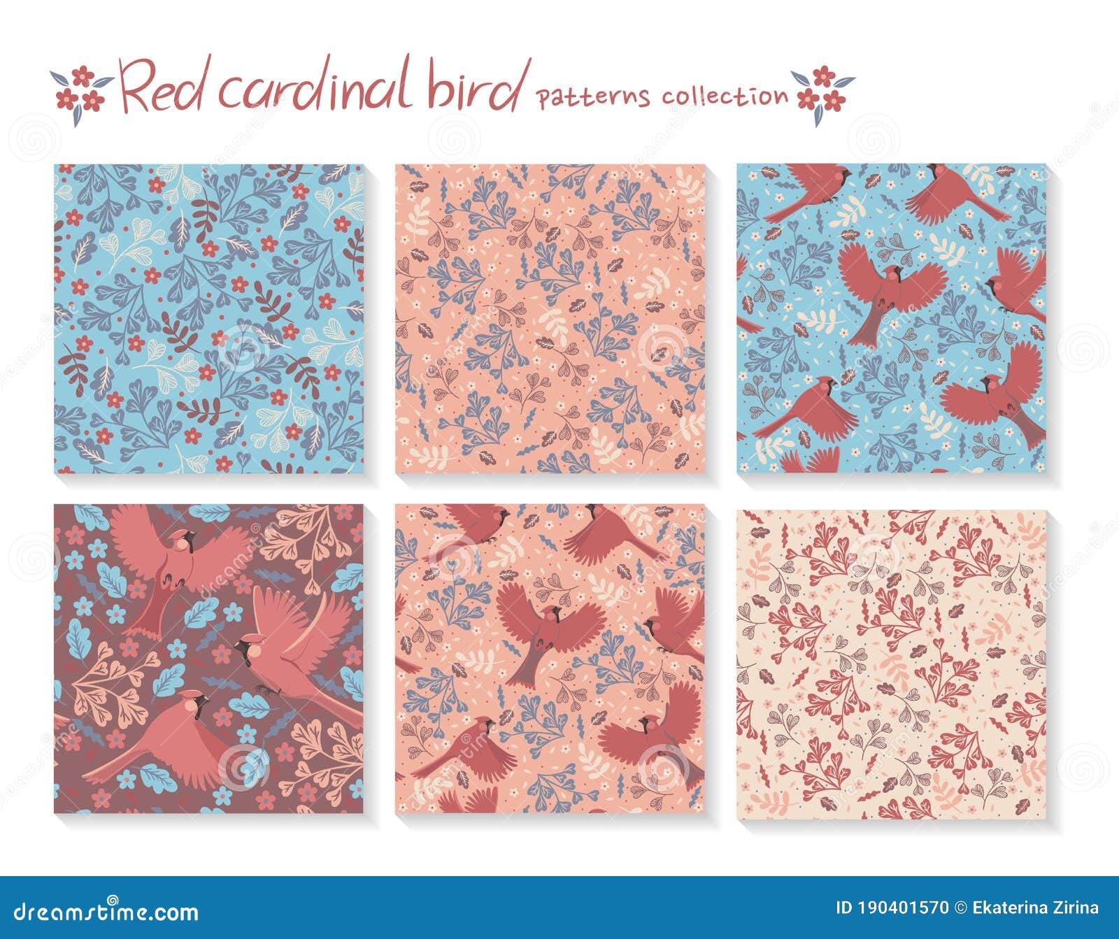 Set of Seamless Patterns with Red Cardinal Birds and with Floral ...
