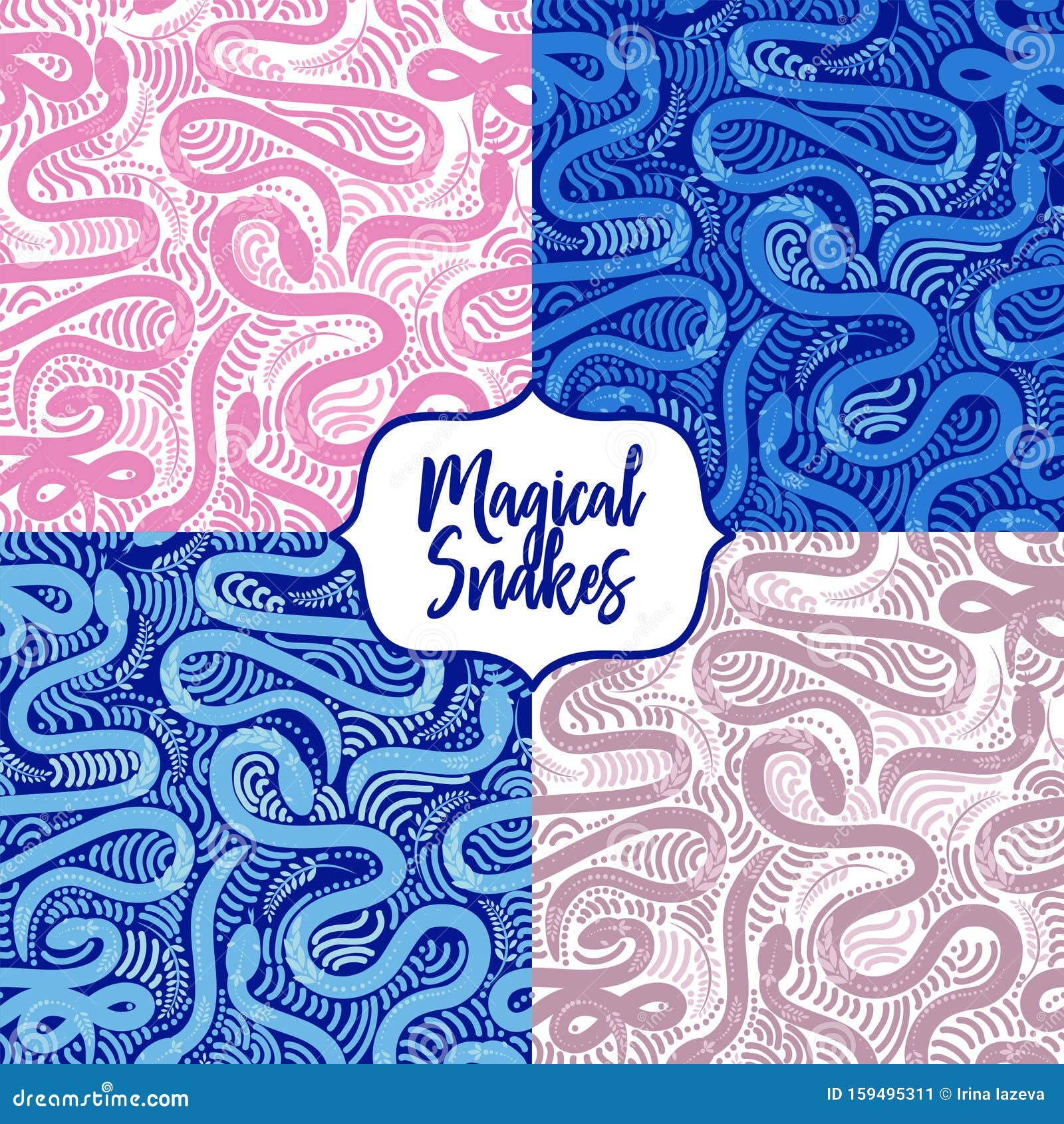 Set of Seamless Patterns with Snakes and Leaves Stock Vector ...