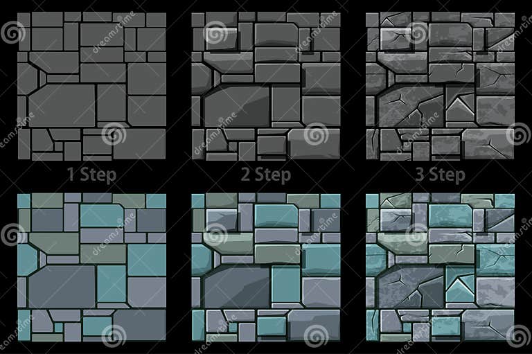 Set Seamless Stone Texture, 3 Step Drawing. Background Stone Wall Tiles ...