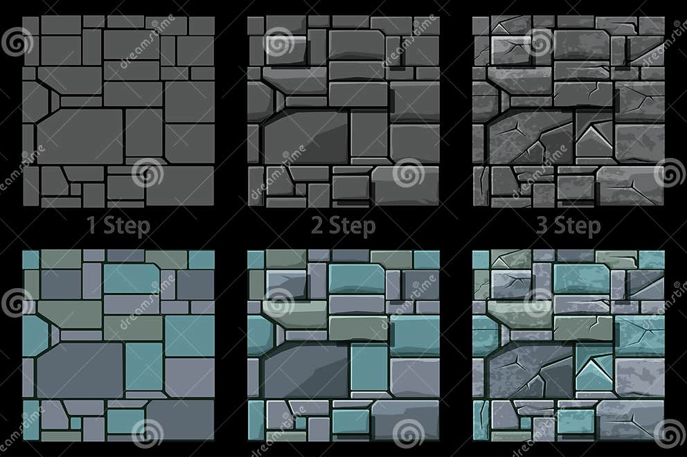 Set Seamless Stone Texture, 3 Step Drawing. Background Stone Wall Tiles ...