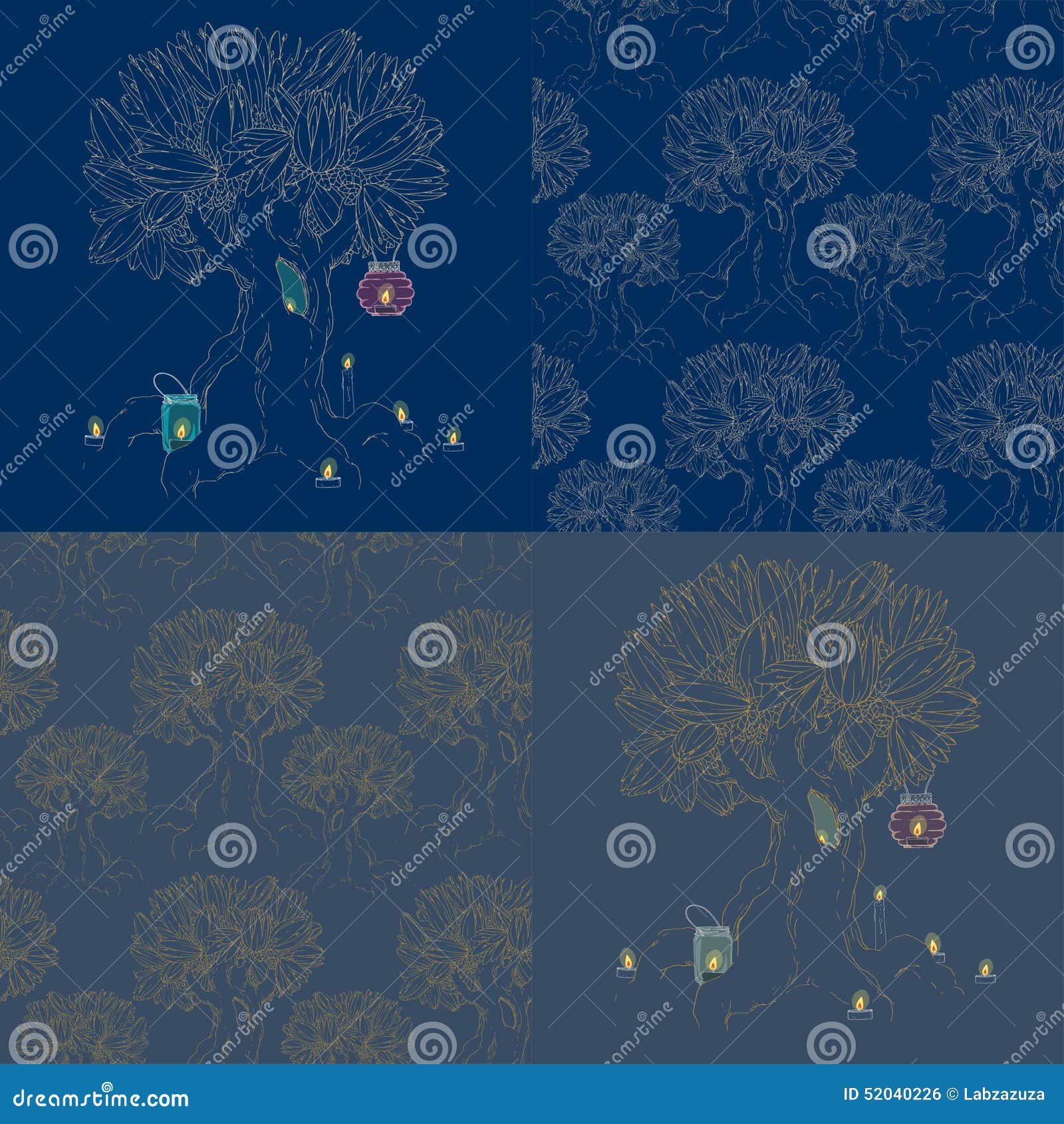 Set of 4 Seamless Textures Magic Tree and Candles Stock Vector ...