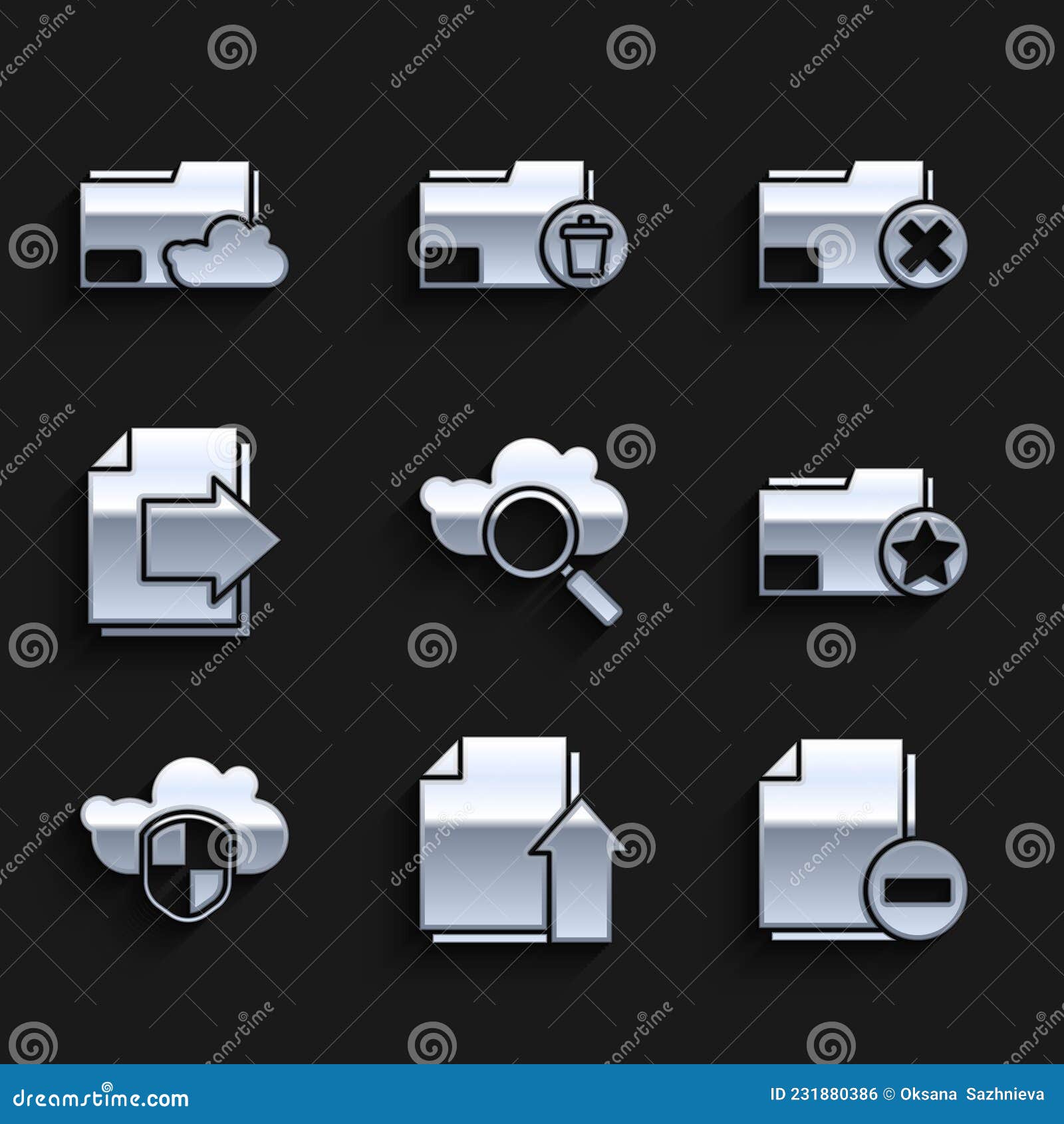 Set Search Cloud Computing, Upload File Document, Document with Minus, Folder Star, Cloud and ...