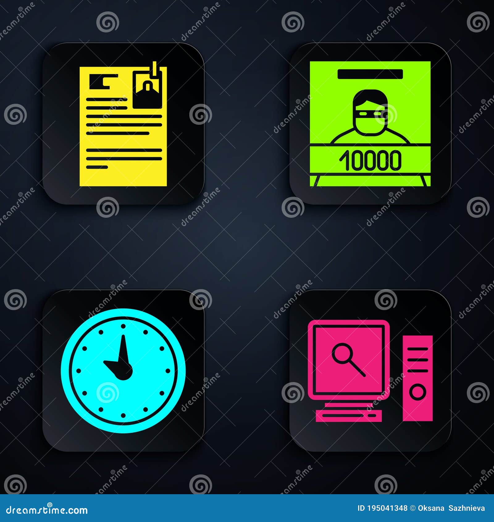 Set Search on Computer Screen, Lawsuit Paper, Clock and Wanted Poster ...