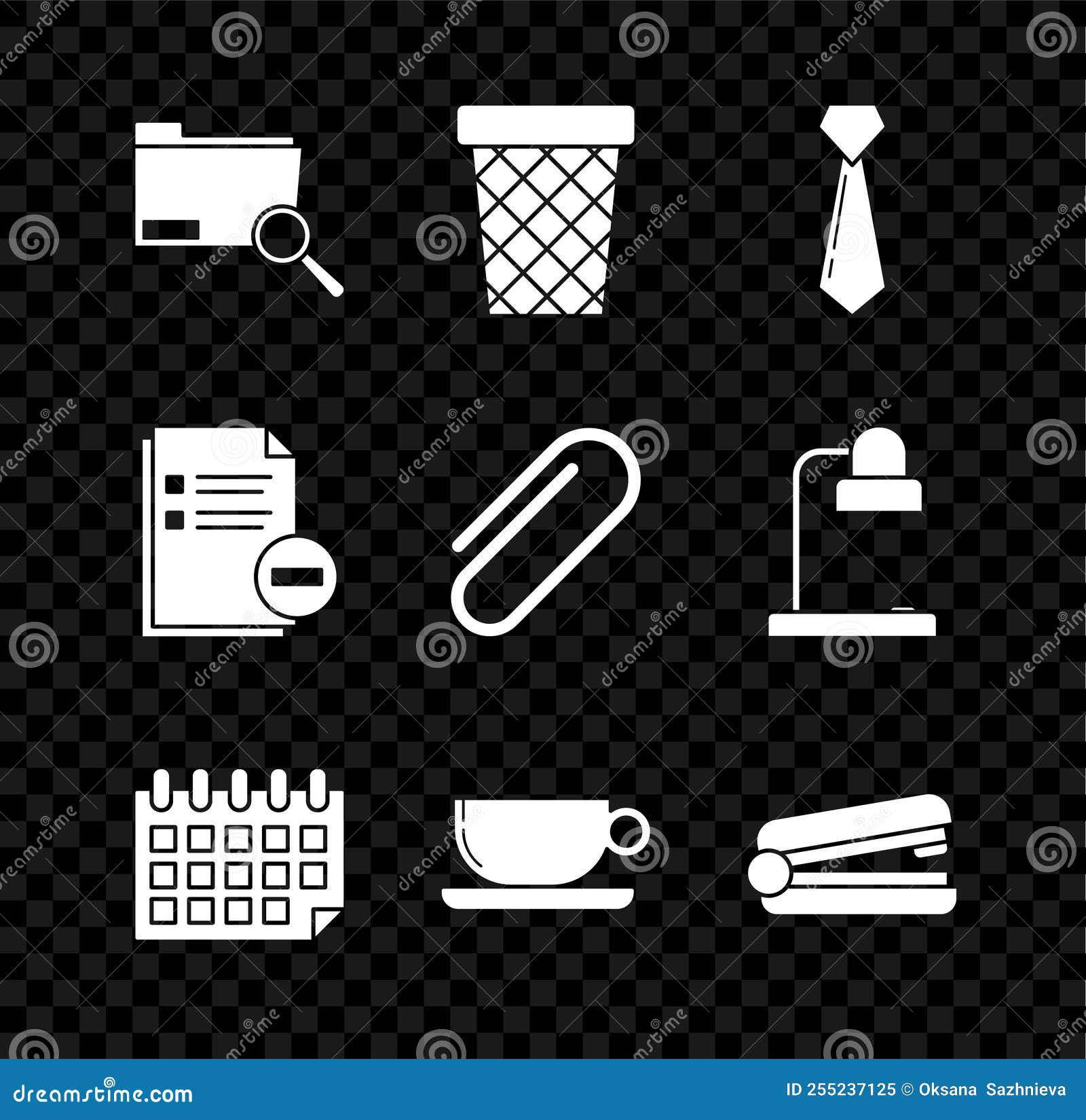 Set Search Concept with Folder, Trash Can, Tie, Calendar, Coffee Cup ... Set Search Concept with Folder, Trash Can, Tie, Calendar, Coffee Cup ...