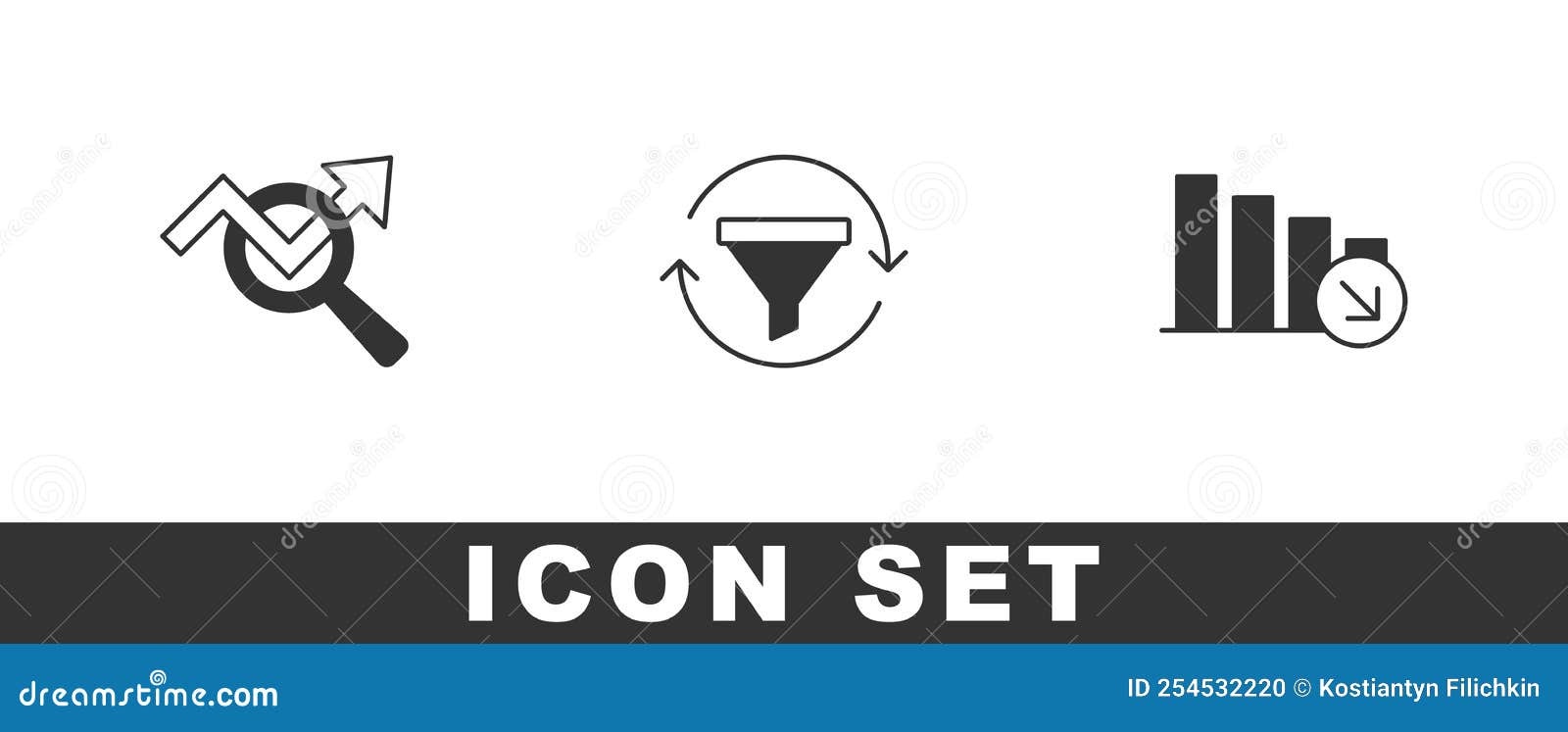 Set Search Data Analysis, Sales Funnel with Chart and Financial Growth Decrease Icon. Vector ...