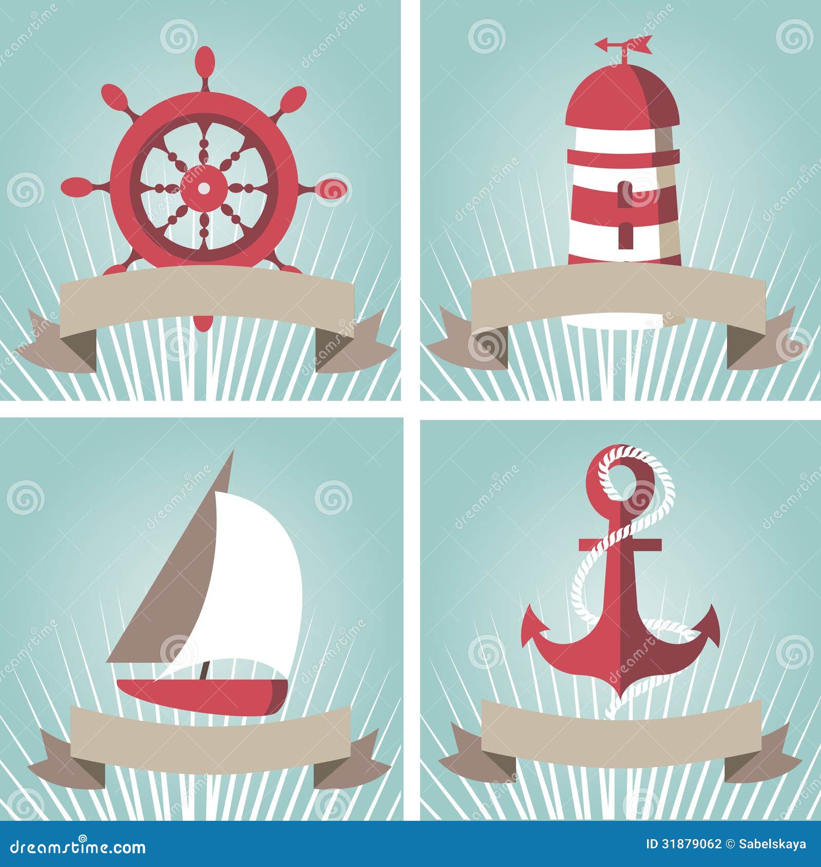 Set of Seascape with Nautical Elements Stock Vector - Illustration of ...