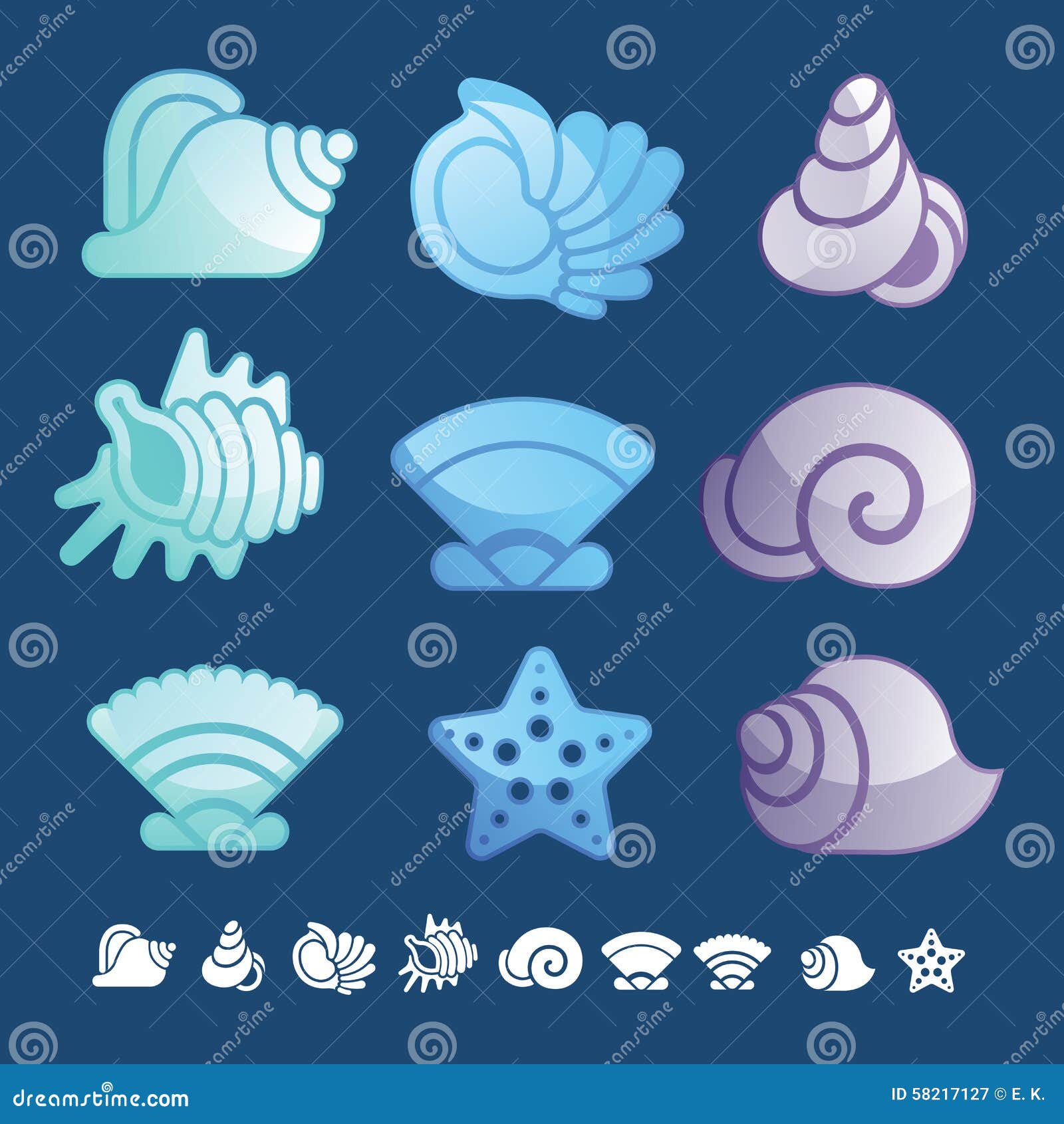 Set of seashell icons stock vector. Illustration of flat - 58217127