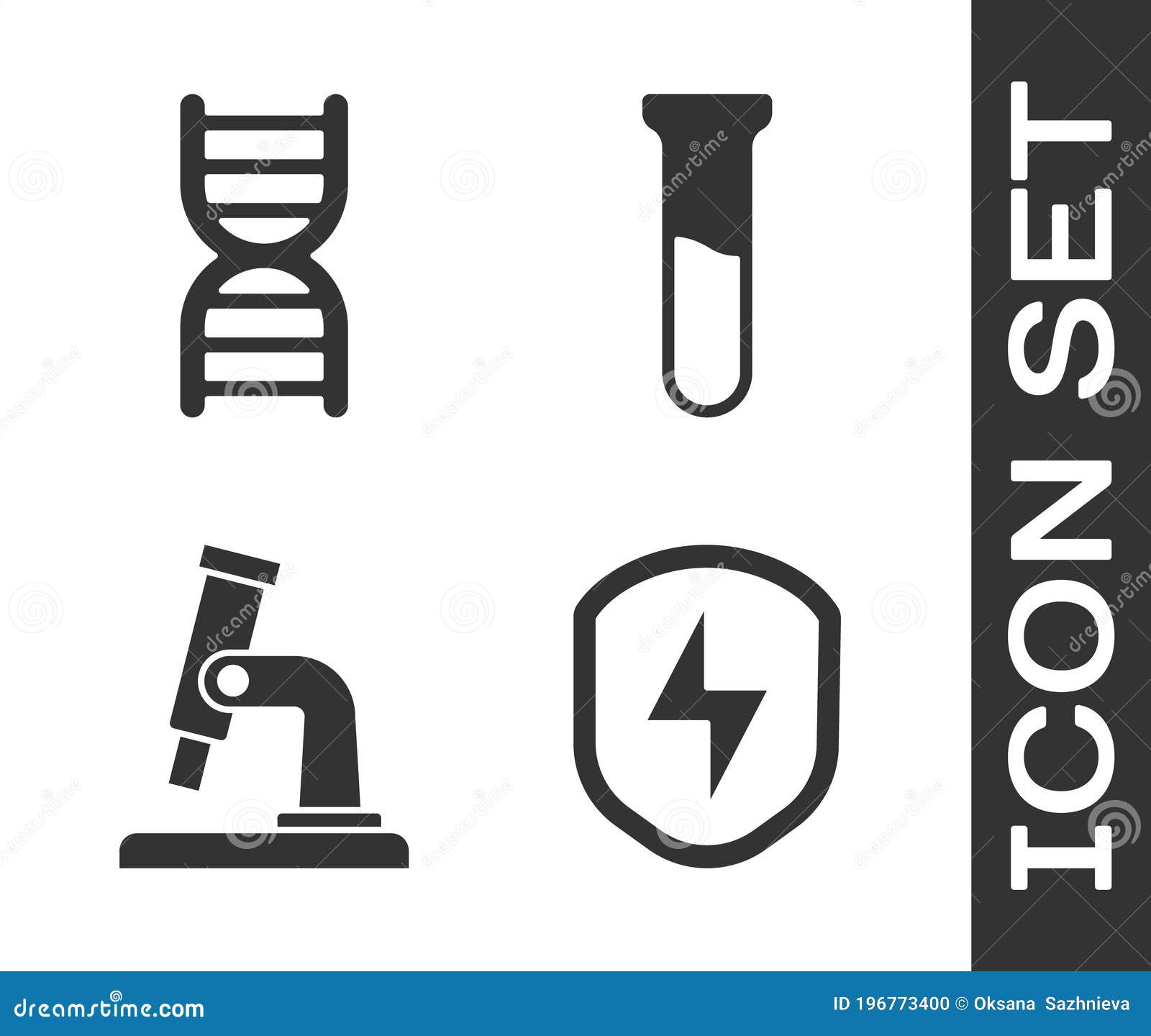 Set Secure Shield with Lightning, DNA Symbol, Microscope and Test Tube ...