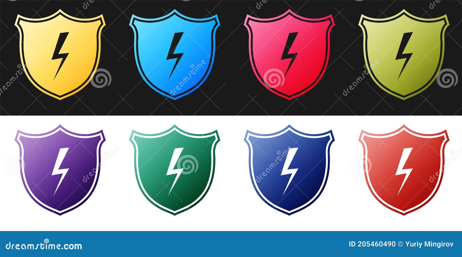 Set Secure Shield with Lightning Icon Isolated on Black and White ...
