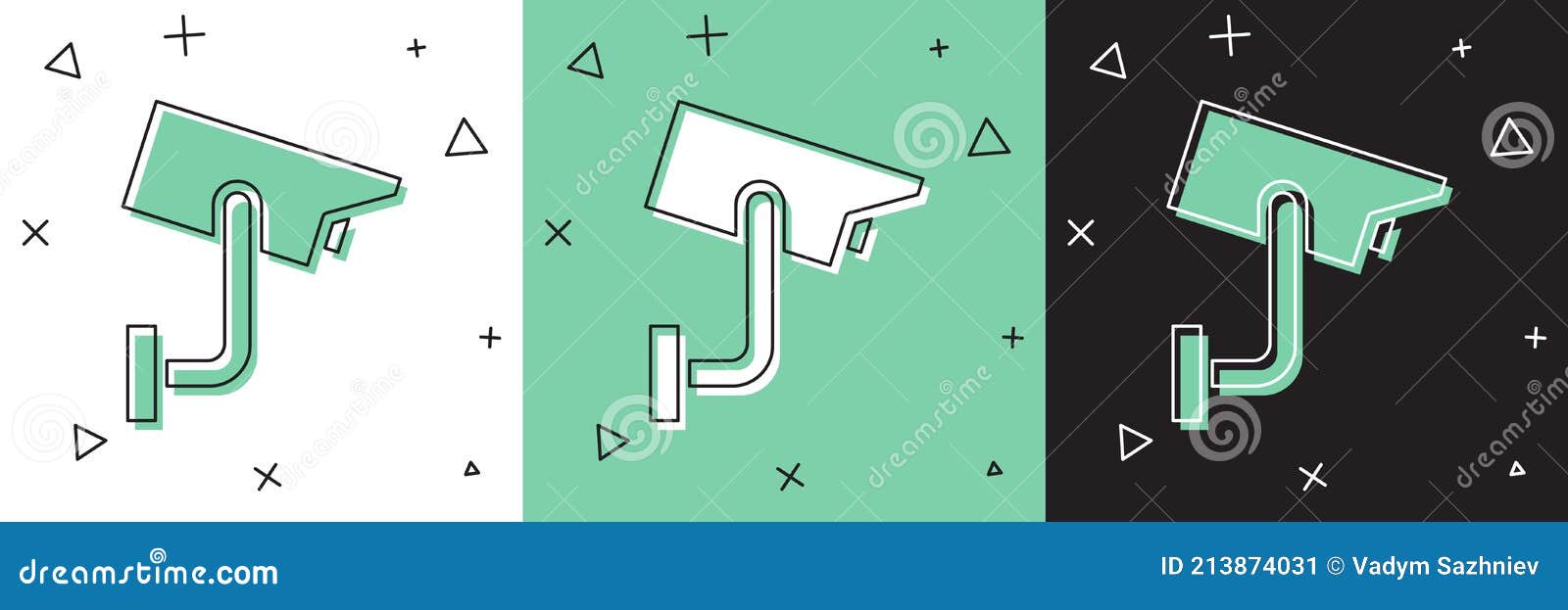 Set Security Camera Icon Isolated on White and Green, Black Background ...