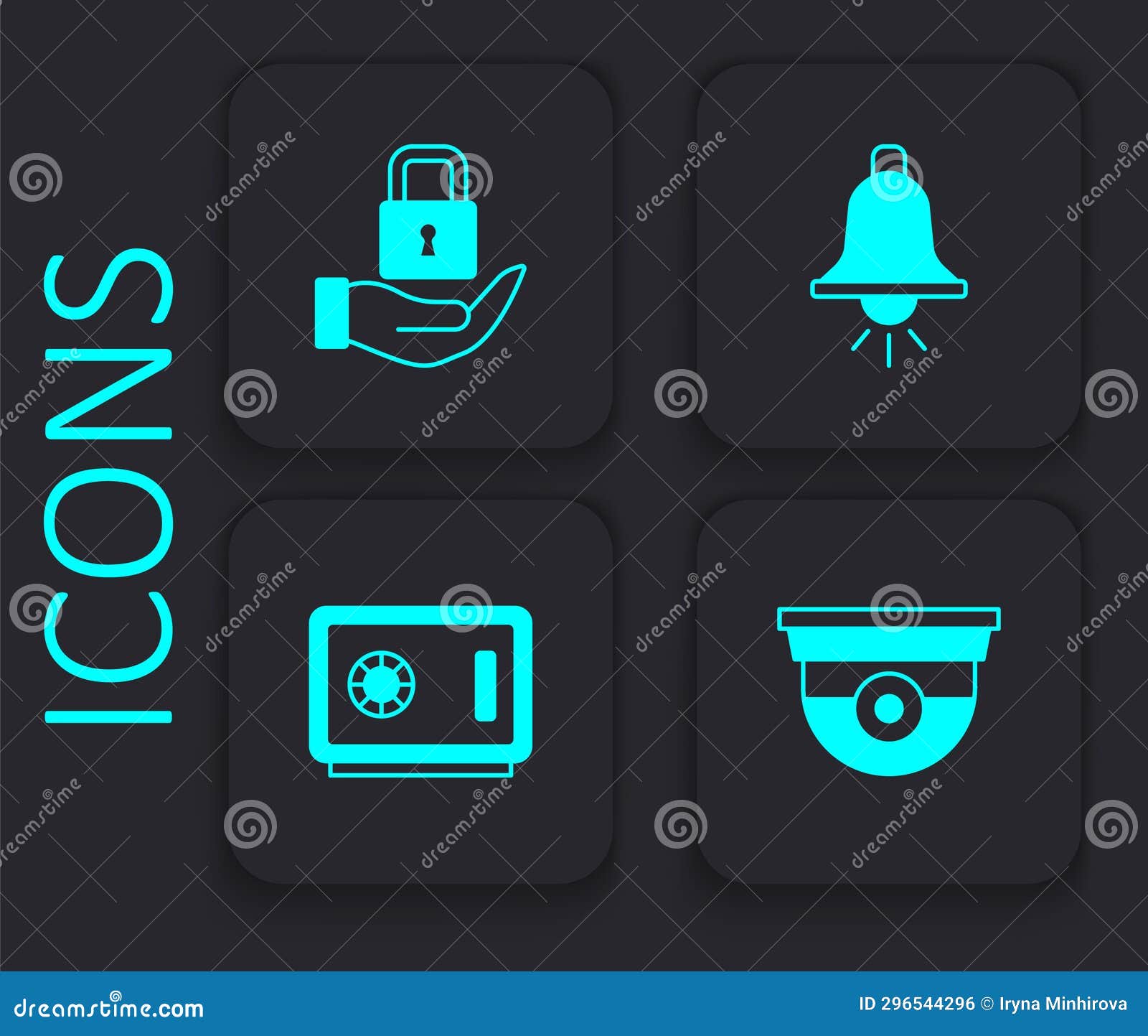 Set Security Camera, Lock, Ringing Alarm Bell and Safe Icon. Black ...