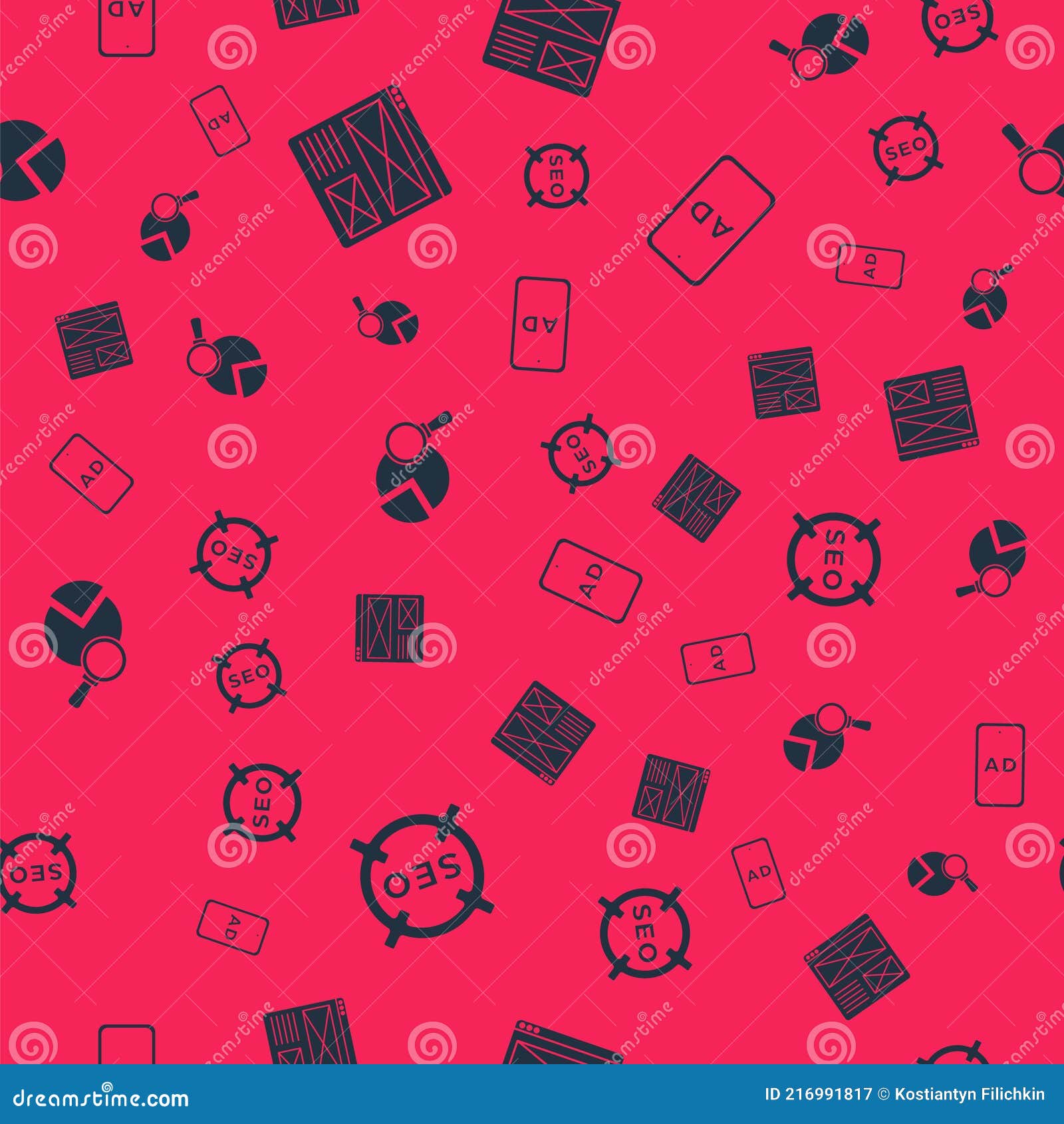 Set SEO Optimization, Browser Window, Magnifying Glass and Analysis and Advertising on Seamless ...