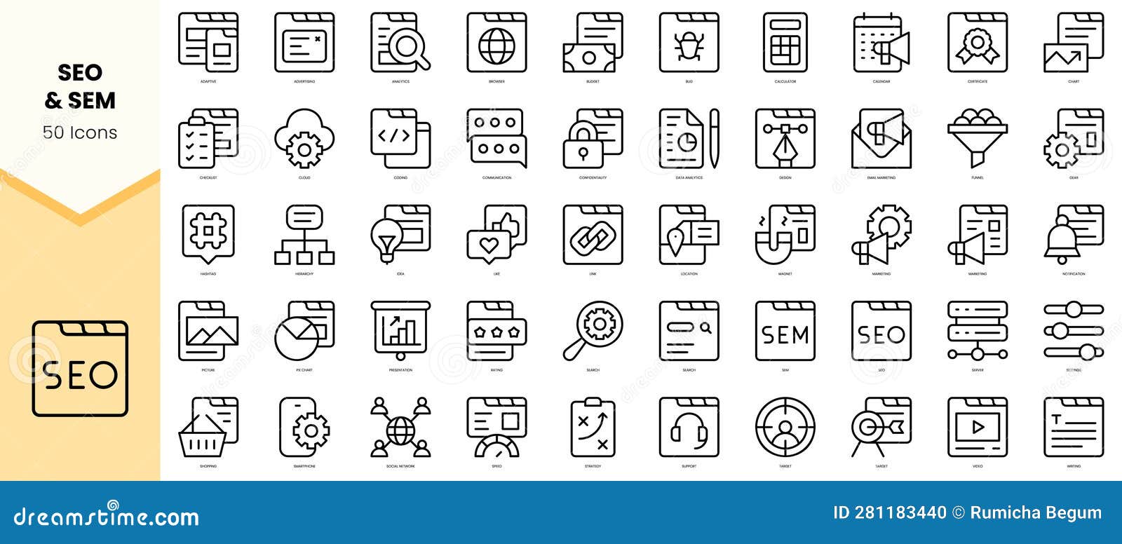 Set of Seo and Sem Icons. Simple Line Art Style Icons Pack Stock Vector ...