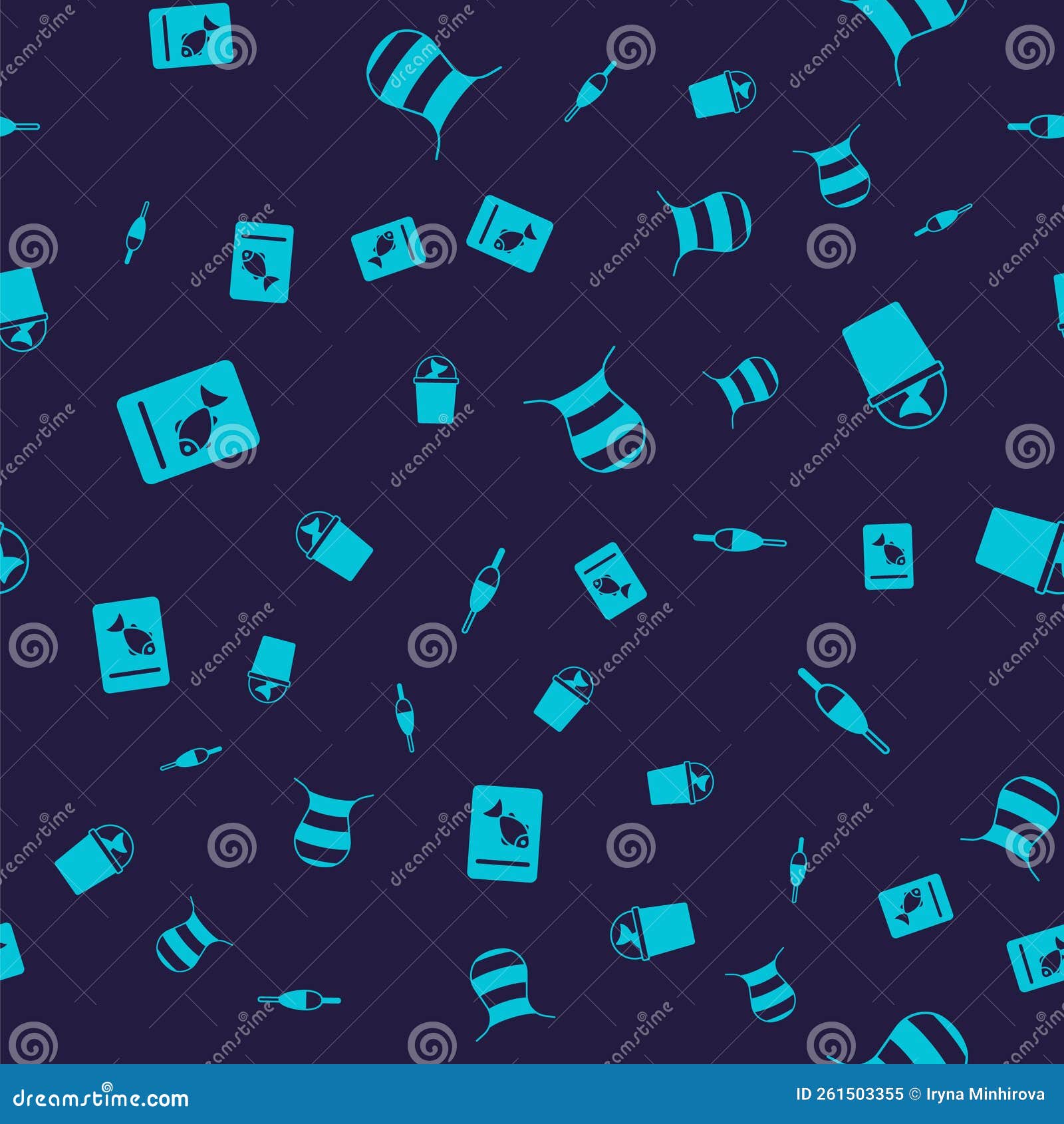 Set Served Fish on Plate, Fishing Bucket with, Net and Float on ...