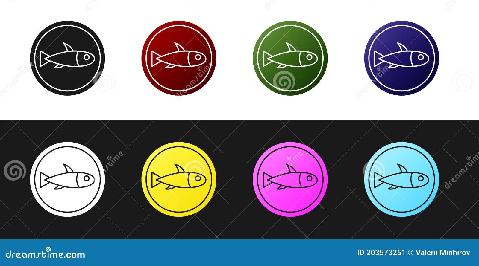 Set Served Fish on a Plate Icon Isolated on Black and White Background ...